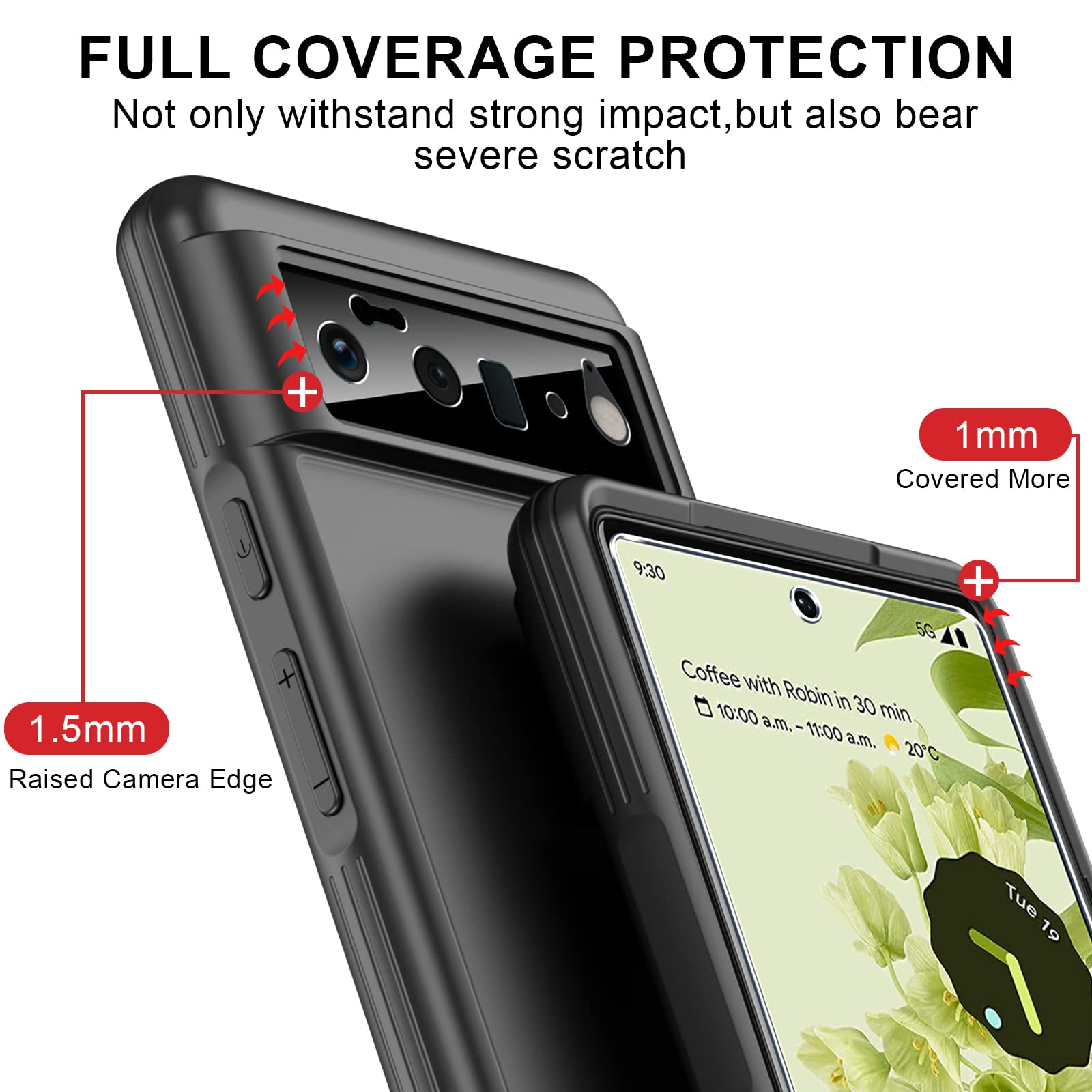 OUBA Shockproof Designed for Google Pixel 6 Case, with 2 Pack Tempered Glass Screen Protector + 2 Pack Black Camera Lens Protector, [Military Grade Protection] Matte Hard PC Back Flexible Frame
