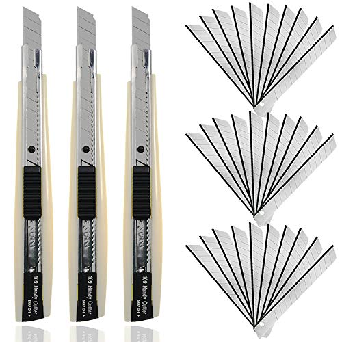 WEKOIL 30Pcs Snap Off Utility Knife Blades with 3 Pcs Delicate 9mm Auto Lock Art Knives Craft Cutters Box Paper Cutters Graphic Knife for Office Home Garage Warehouse,White