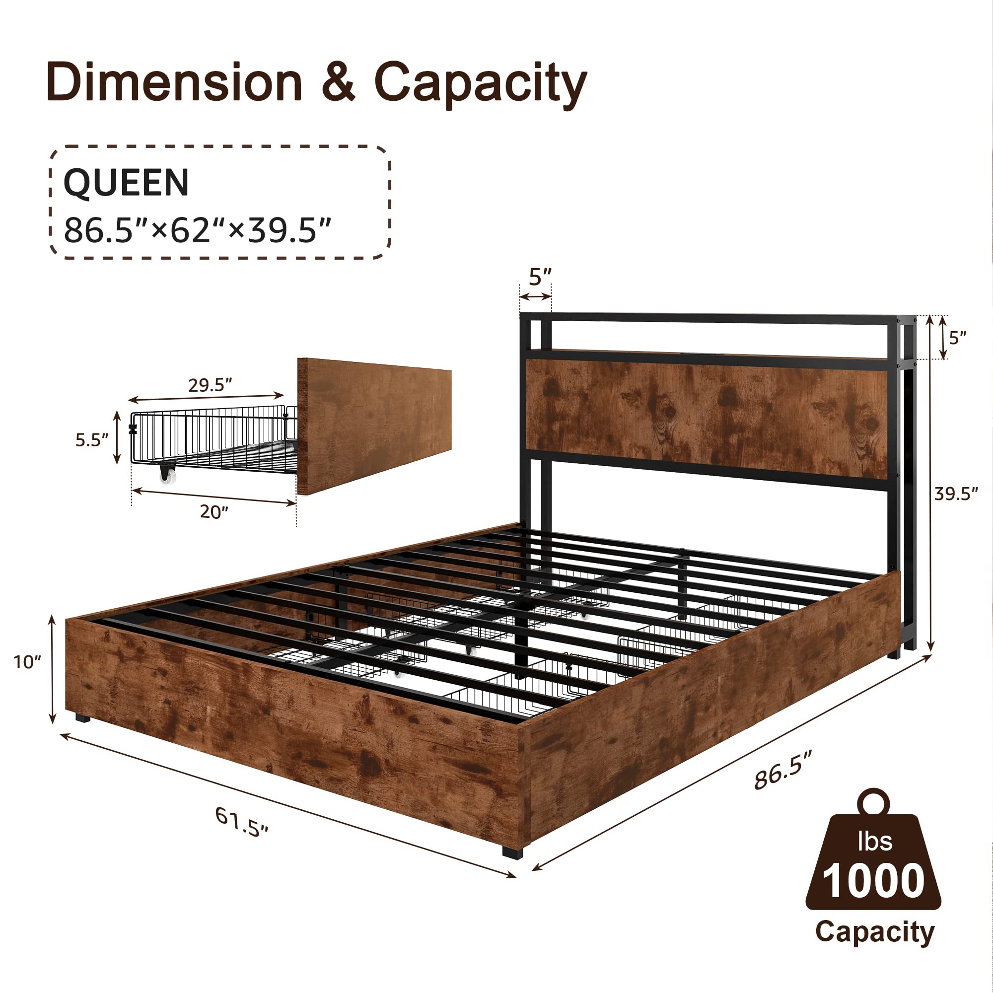 LUXOAK Queen Size Bed Frame with 4 Storage Drawers, Wooden Platform Bed with 2-Tier Storage Headboard and Charging Station, No Box Spring Needed/Noise Free/Rustic Brown