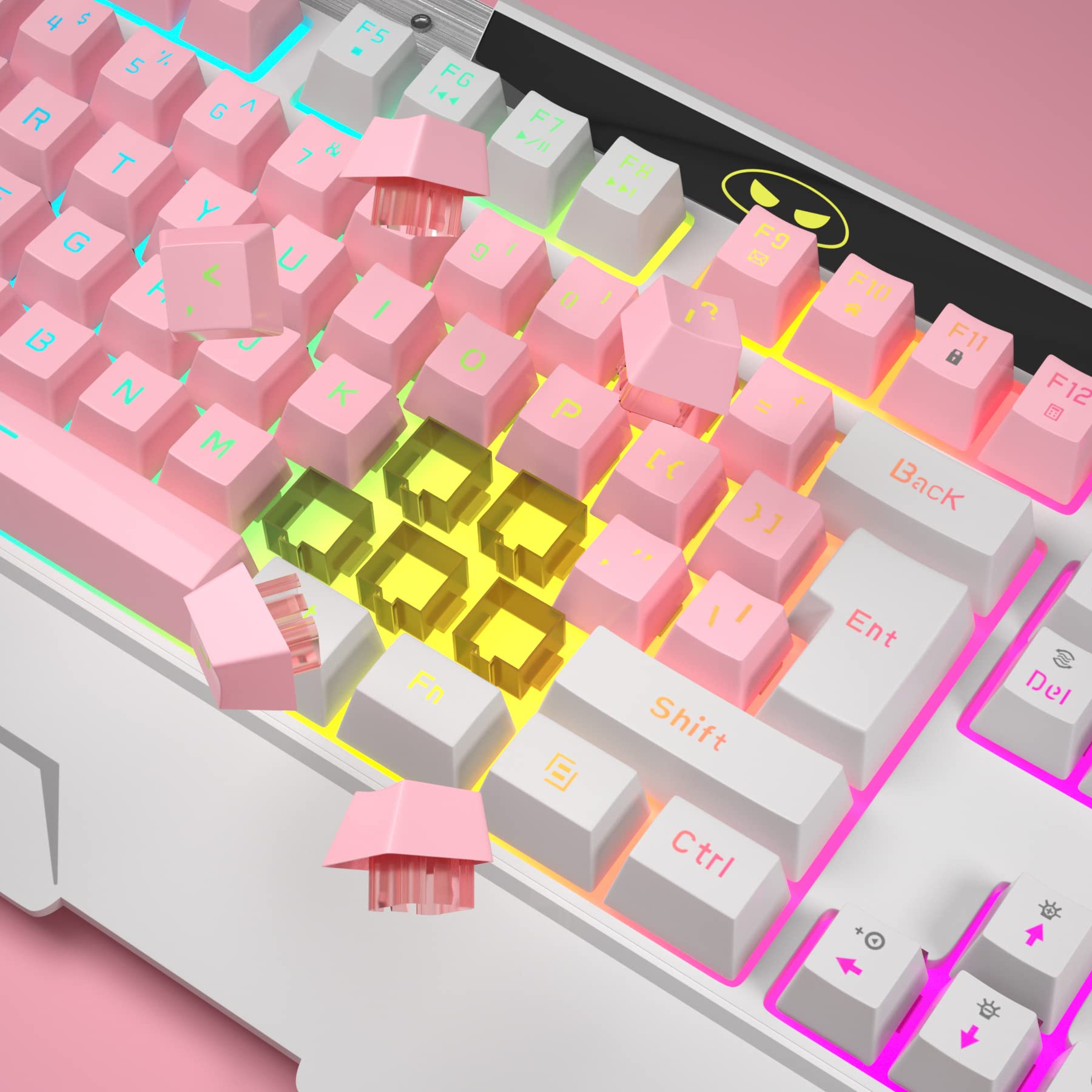 Pink Wired Gaming Keyboard Mouse Combo, Keyboard RGB Rainbow Backlit 104 Keys USB Ergonomic with Wrist Rest Keyboard with 4800 DPI Mouse for PC Gamer (White & Pink)