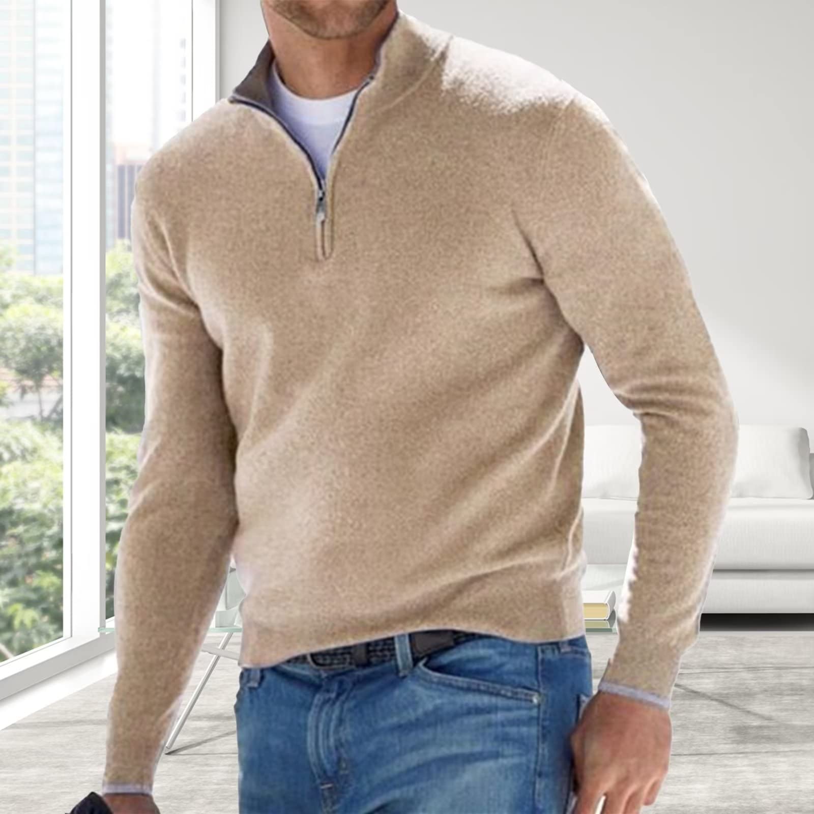 SEGANUP Casual Mens Fleece Long Sleeve Slim Fit Sweater Quarter Zip Turtleneck Pullover Polo Shirts Thermal Sweatshirt Beige