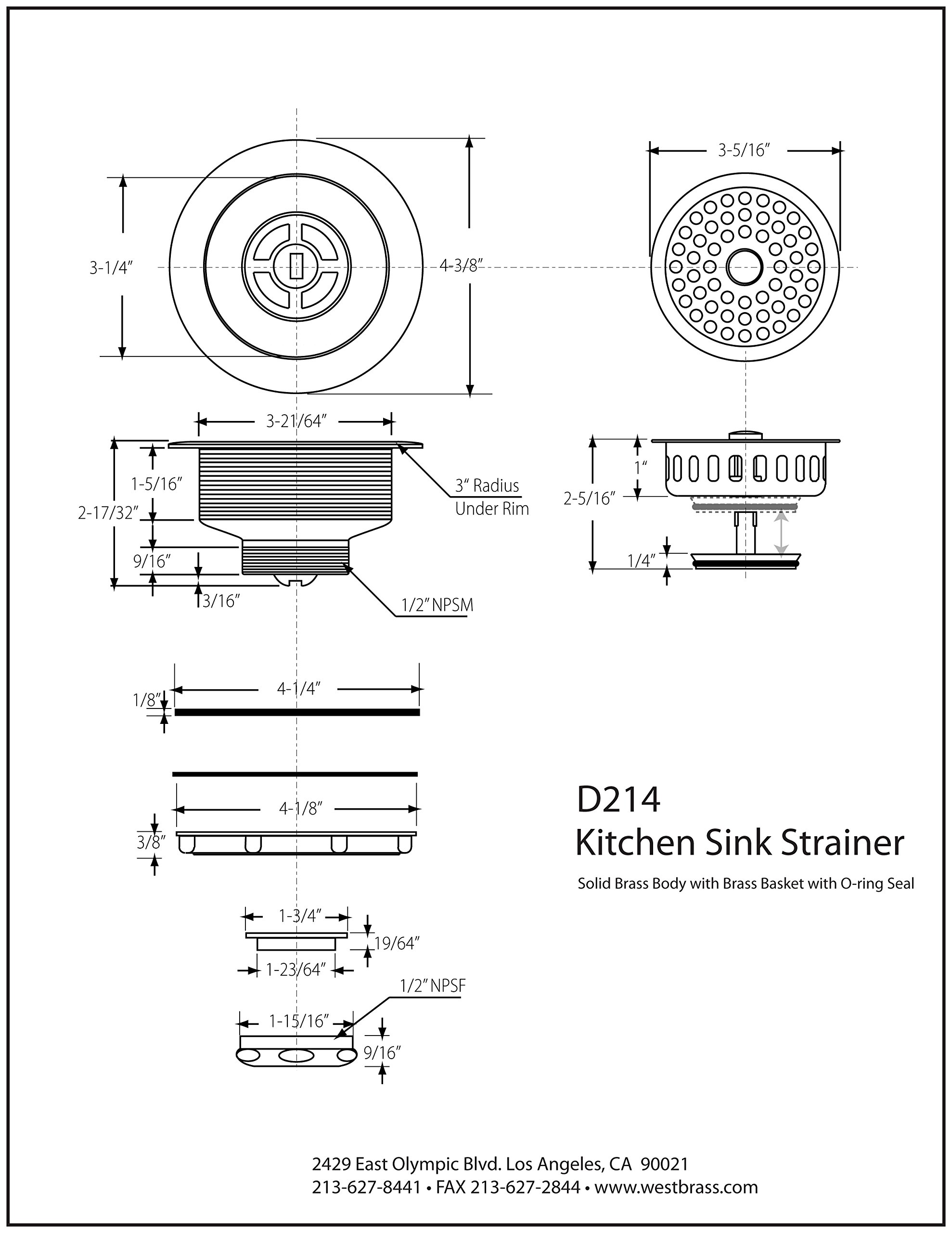 Westbrass D214-20 3-1/2" Post Style Large Sink Kitchen Basket Strainer, 1-Pack, Stainless Steel