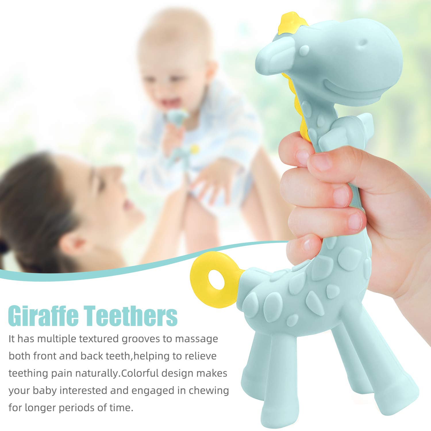 SHARE&CARE BPA Free Silicone Giraffe Baby Teether and Cactus Baby Toothbrush Teether, for 3 Months Above Infant Sore Gums Pain Relief and Baby Shower (Green)