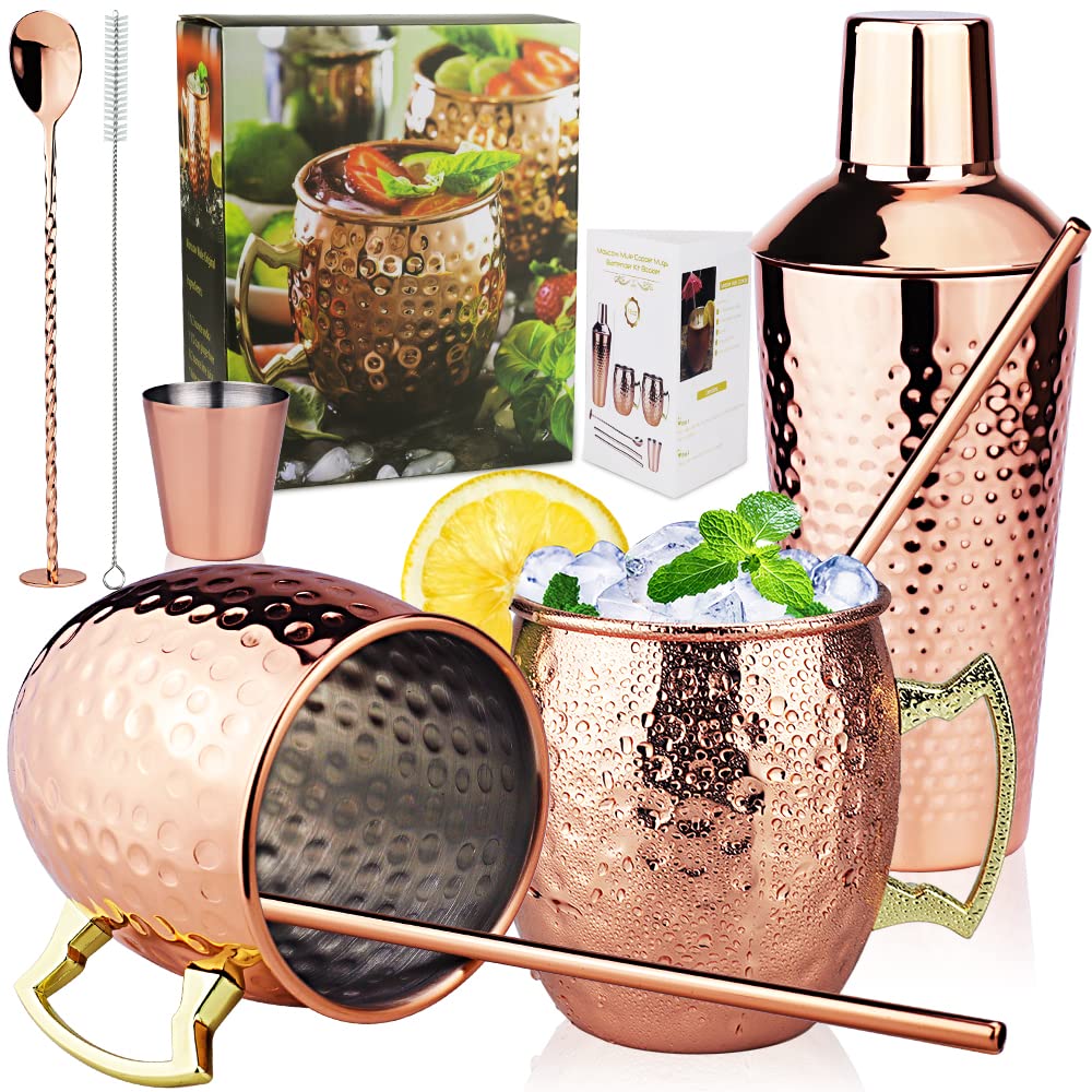 Moscow Mule Kit Moscow Mule Gift Set Hammered Copper Mugs Bar Set with 1 Cocktail Shaker, 2 Moscow Mule Mugs, 2 Straws, 1 Jigger, 1 Mixing Spoon, 1 Straw Cleaner for Wine Cold Drink Mixing Party