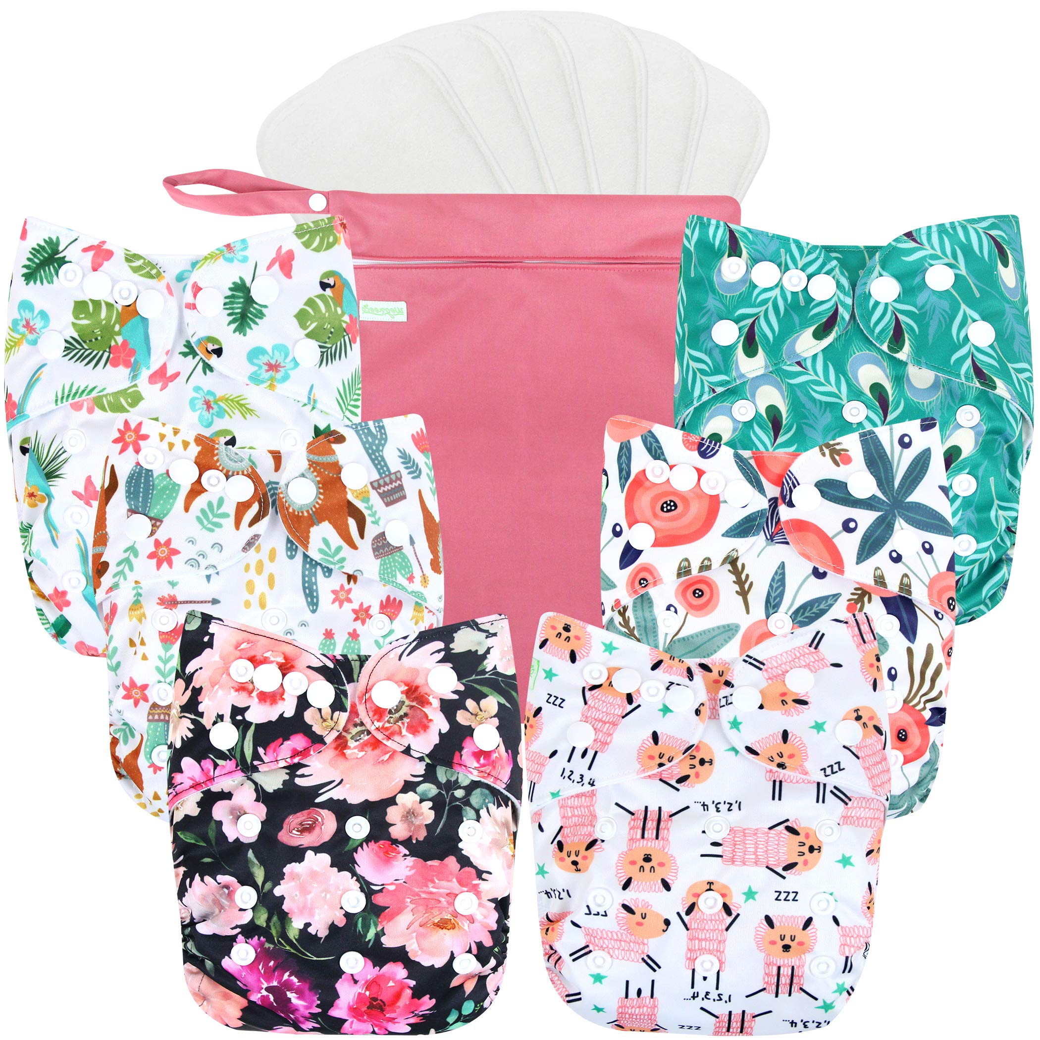 wegreeco Washable Reusable Baby Cloth Pocket Diapers Cool Animal Bundle with Diaper Liners and Cloth Diaper Bags