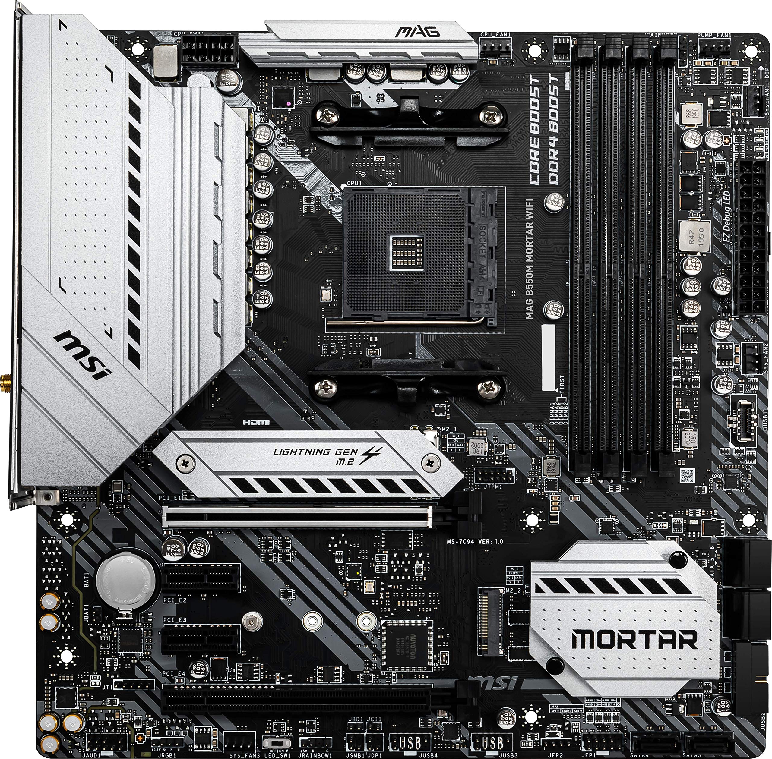 MSI MAG B550M Mortar WiFi Gaming Motherboard (AMD AM4, DDR4, PCIe 4.0, SATA 6Gb/s, M.2, USB 3.2 Gen 2, AX Wi-Fi 6, HDMI/DP, Micro-ATX, AMD Ryzen 5000 Series Processors)