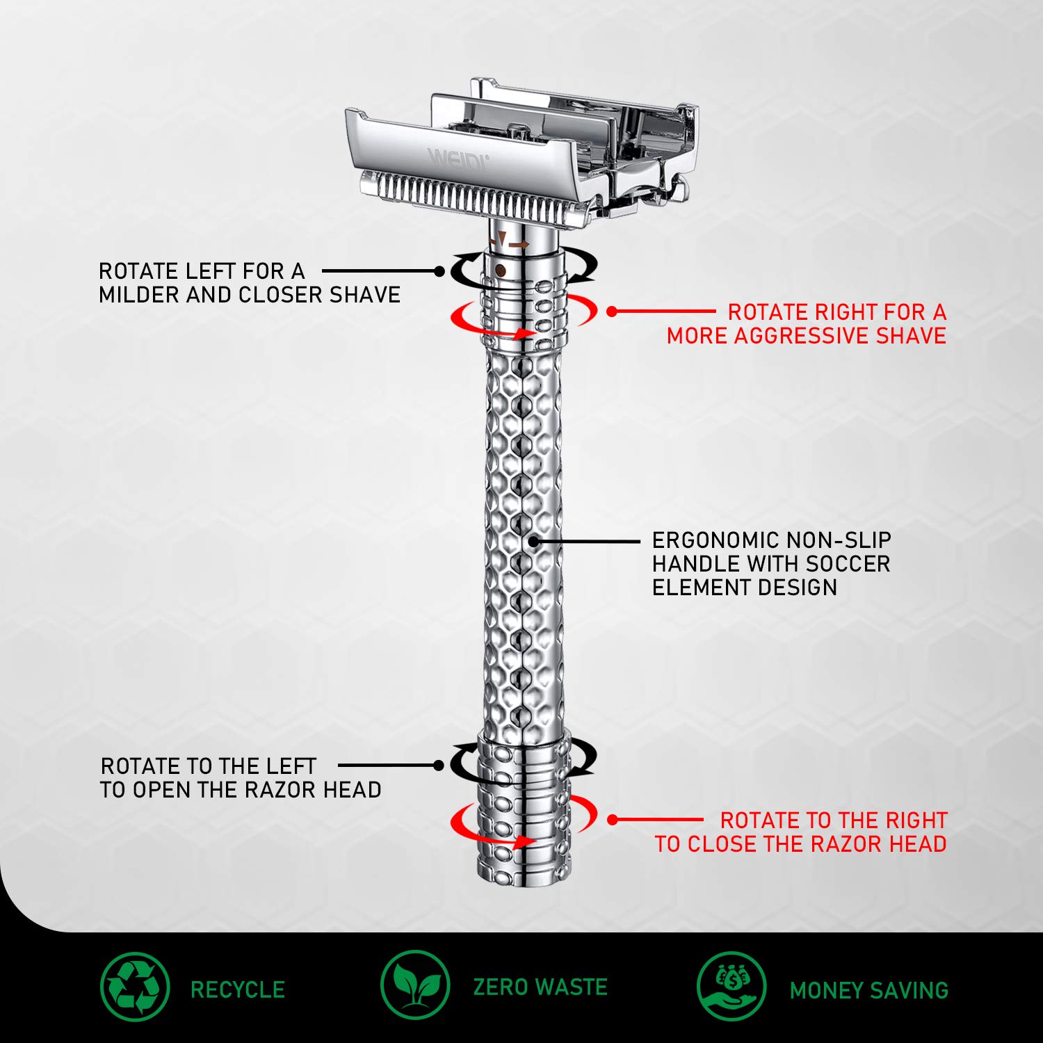 WEIDI Stepless Adjustable Butterfly Double Edge Safety Razor Reusable Rust-proof Manual Wet Shaving Shaver for Men Women with 10 Swedish Blades
