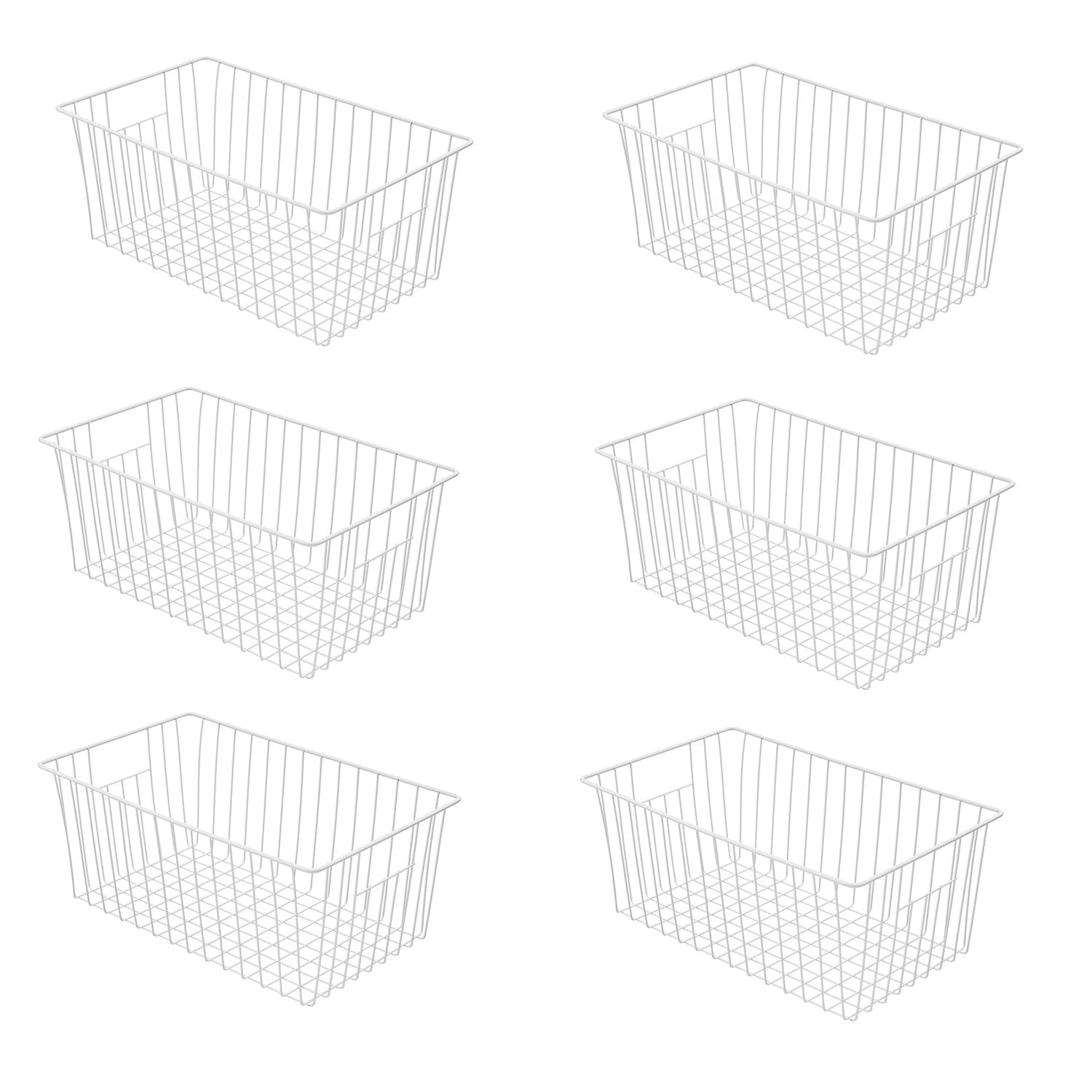 lonpute 16Lx12Wx6H inch Wider Freezer Organizer Baskets Container, Refrigerator Metal Wire Storage Bins with Handles for Kitchen, Pantry, Cabinet, Closets - Pearl Whiteļ¼6 Packs