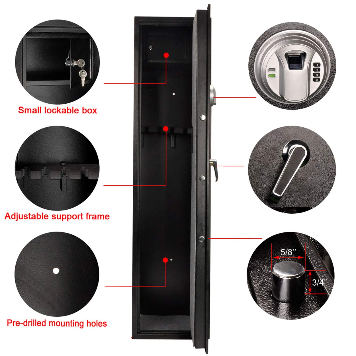 Quick Access Biometric Rifle Safe Large Gun Safe Cabinet, Fingerprint 5-Gun Safe Box with Separate Pistol/Handgun Lock Box (Black - Fingerprint)