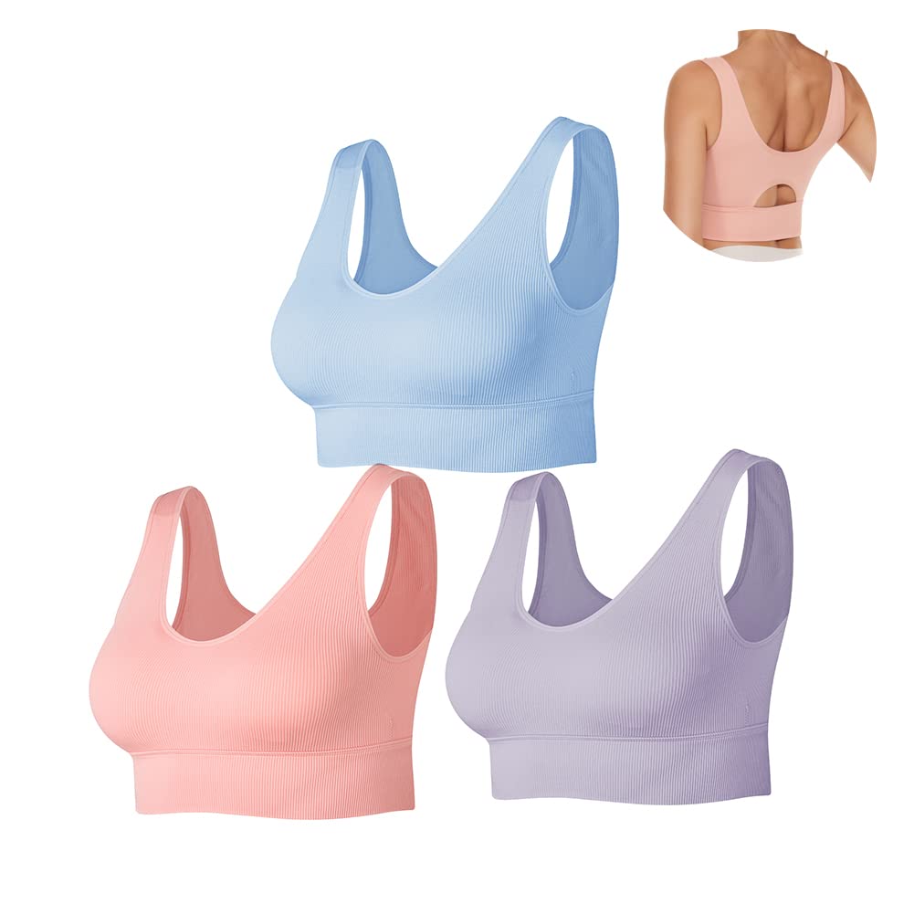 SEGRILA Women’s Sports Bra Ribbed Seamless Medium Support Workout Yoga Bras with Removable Pads,Pink+Purple+Blue,M