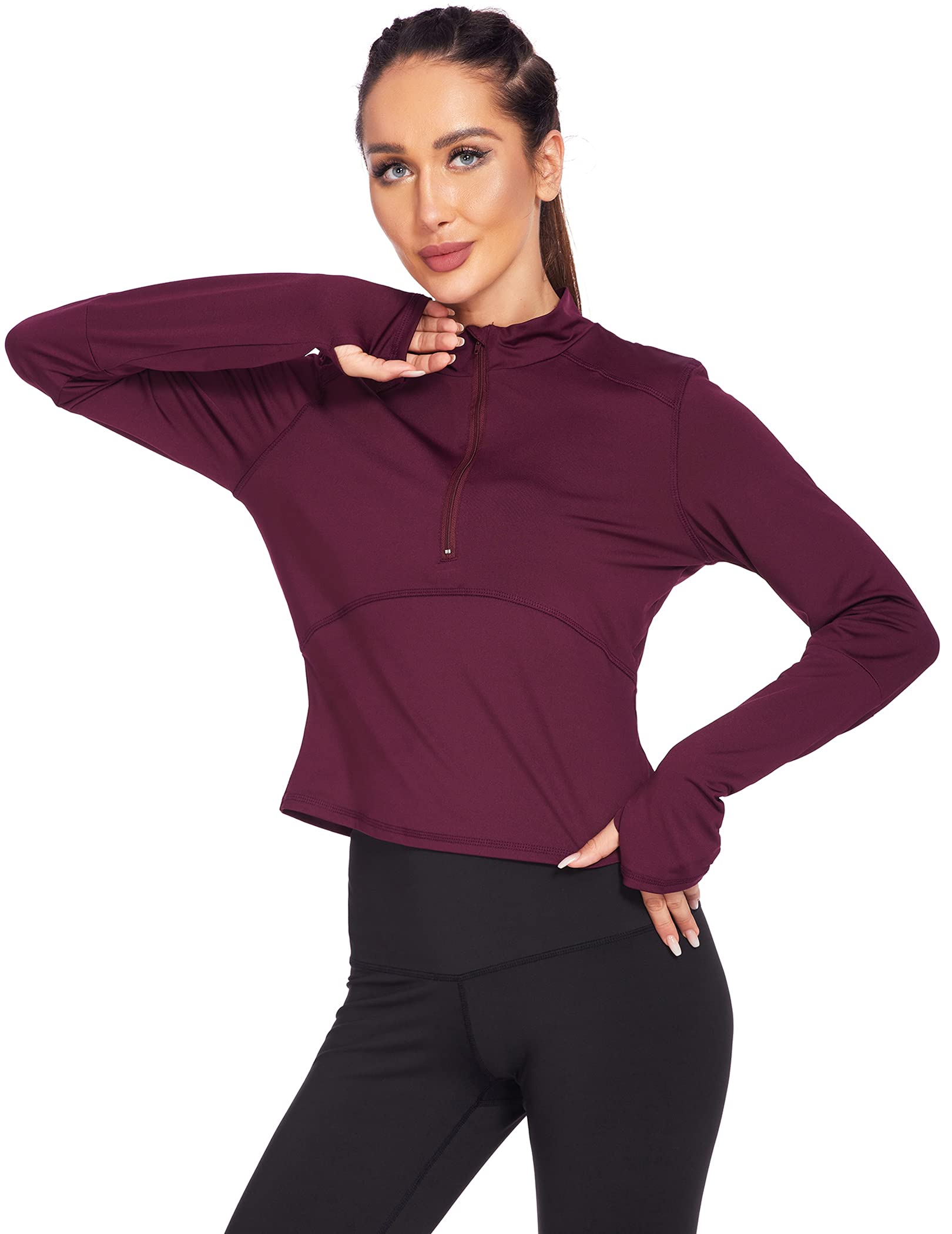 PINSPARK Womens Long Sleeve Sweatshirt Cropped Half Zip Pullover Athletic Hiking Running Workout Top with Thumbholes Wine Red XL
