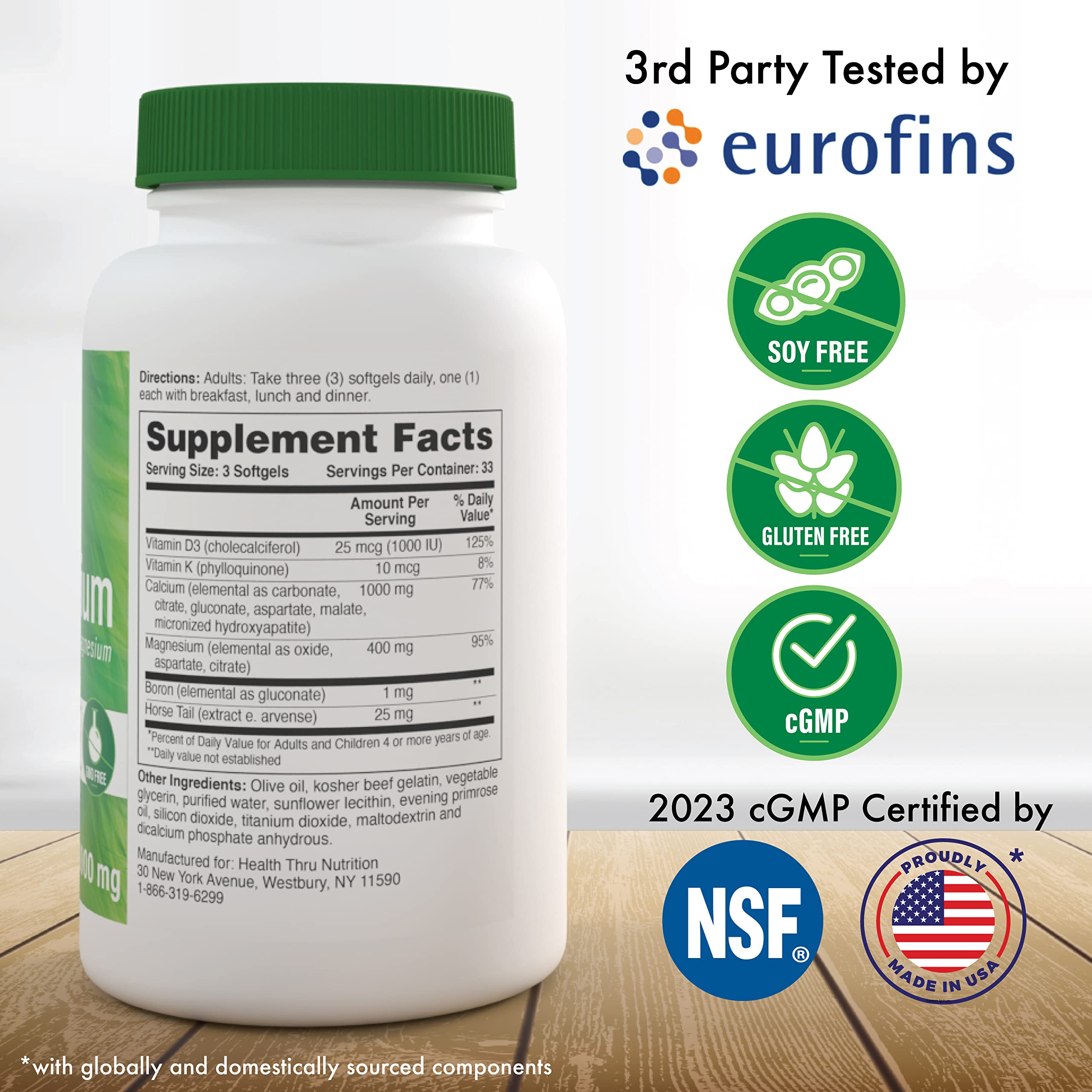 Liquid Calcium 1000mg, Magnesium 400mg, Vitamin D3 1,000iu and Boron | Bone Restore & Strength with 6 Calcium Complex | 3rd Party Tested | Non-GMO Gluten Free | by Health Thru Nutrition (Pack of 100)