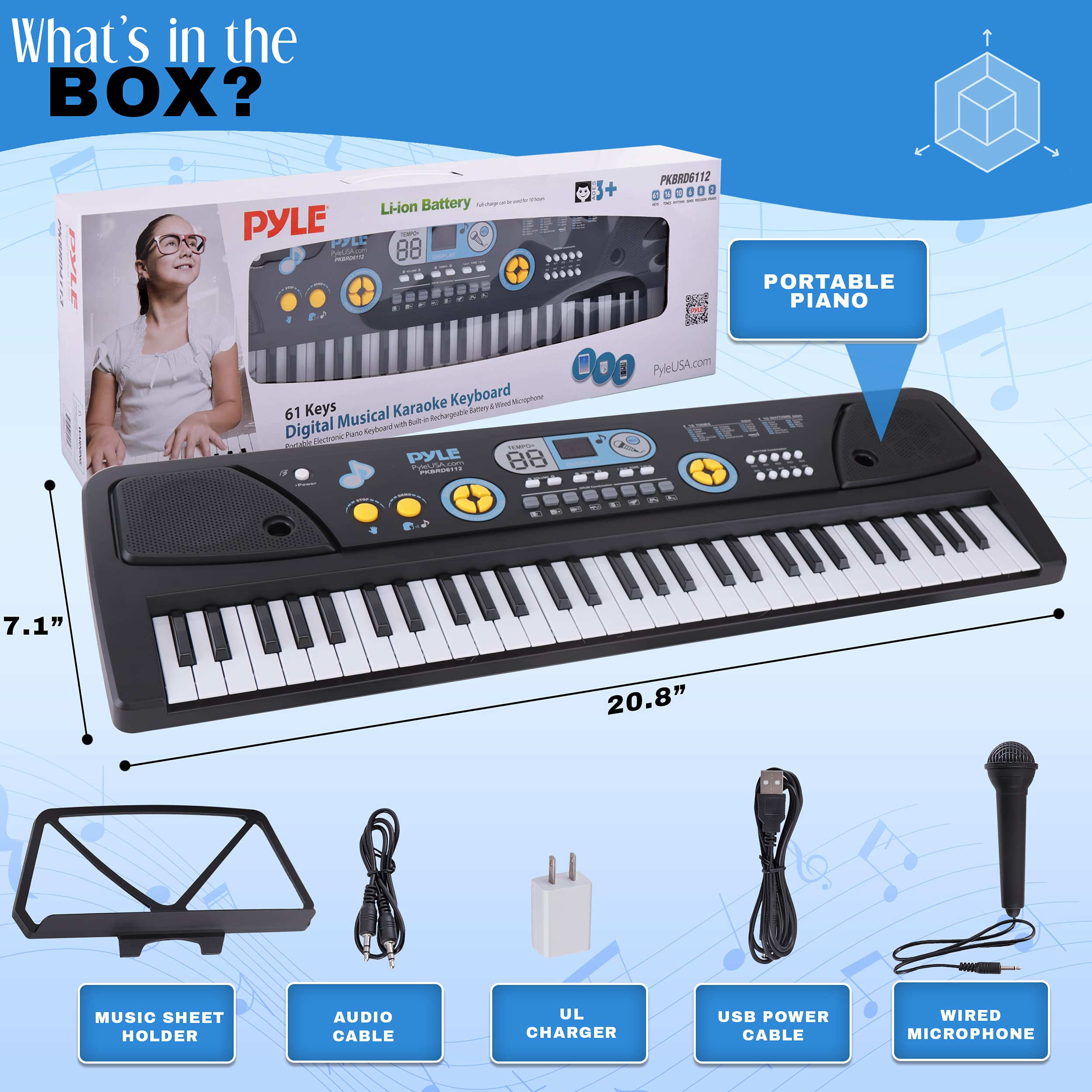 Pyle Electric Keyboard 61 Keys-Portable Digital Musical Karaoke Piano Keyboard-10 Rhythms 16 Tones, Stereo Speakers, Rechargeable Battery-Wired Microphone-Beginners Kids (PKBRD6112)