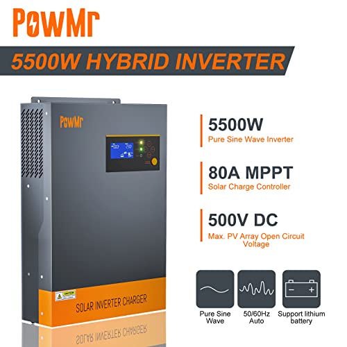 PowMr 5500W Hybrid Inverter 48V DC to 220-230V AC, Off-Grid Pure Sine Wave Inverter with 80A Charge Controller, for 48V Lead-Acid, Lithium Battery and Without Battery