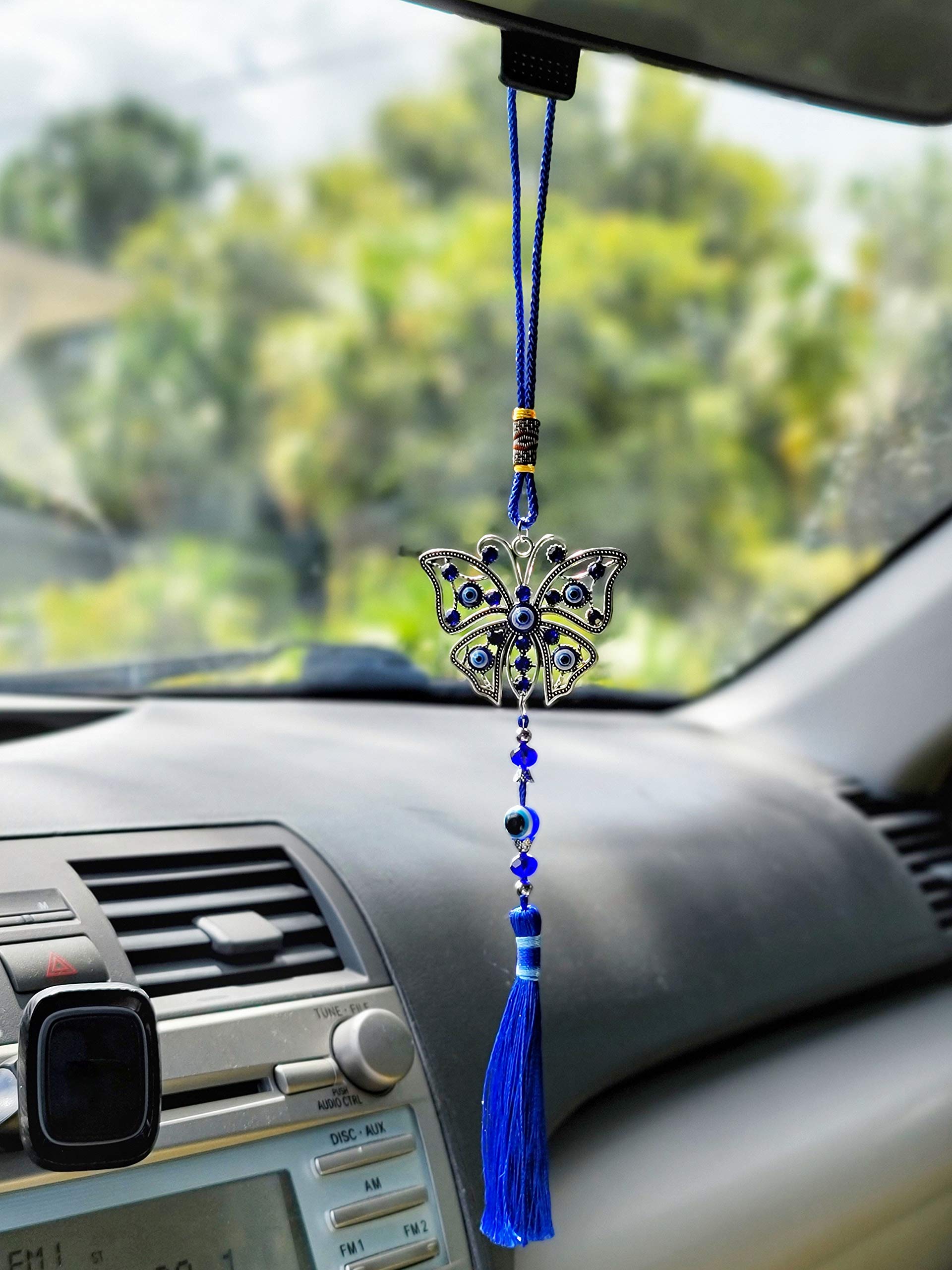 LUCKBOOSTIUM Center Evil Eye Butterfly Charms Pendant in Blue Crystal Stone w/Tassels for Good Luck & Protection Car Rear View Mirror Hanging Ornament Accessories Home Decor Charm