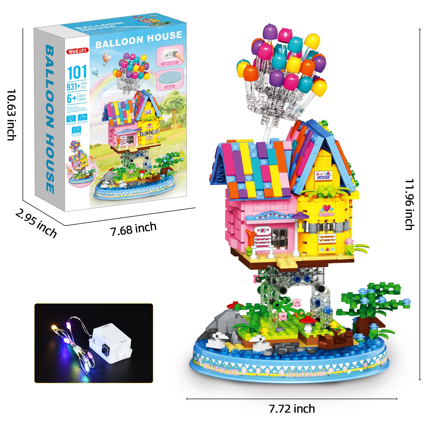 WINGIFT 931 Piece Up Balloon House Building Kit,Creative Suspended Gravity Balloon,Flying House Building Block Model Set with Lights,Tensegrity Toy Brick Kit,Best for Ages 6+Boy and Girl