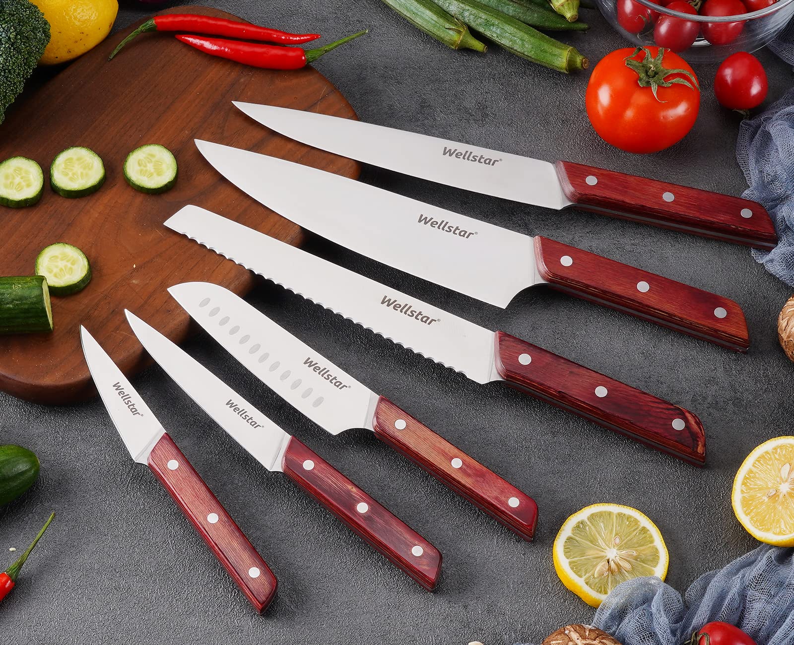 WELLSTAR Kitchen Knife Set 6 Piece, Ultra Sharp Japanese Stainless Steel Blade with Full Tang Pakkawood Handle, Chef Slicer Bread Santoku Utility & Paring for Cutting Chopping Slicing and Dicing