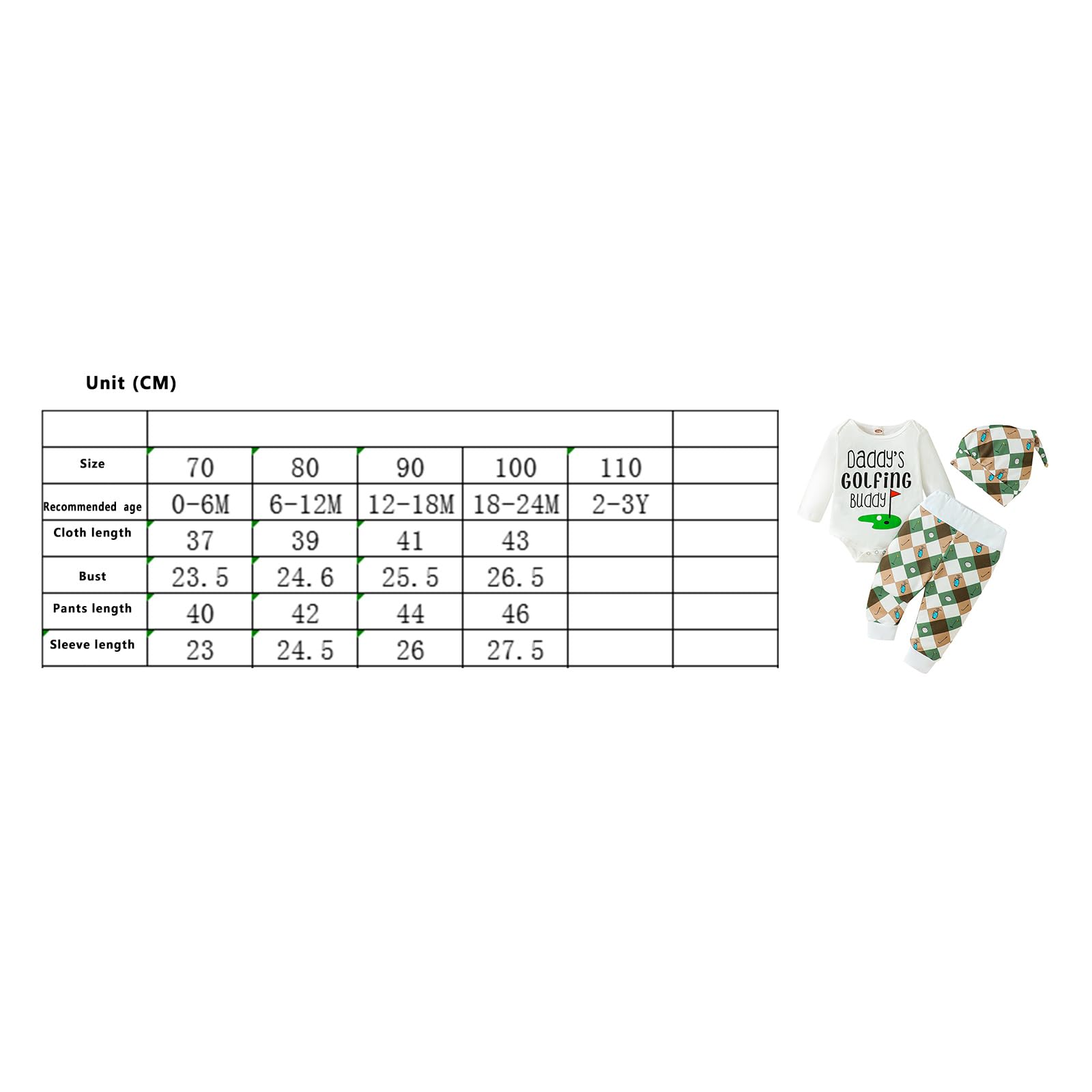 LXXIASHI Daddy 's Golfing Buddy Onesie Romper Toddler Baby Golf Outfit Long Sleeve Sweatshirt Pants Hat Set 3Pcs Fall Clothes (White, 0-6 Months)