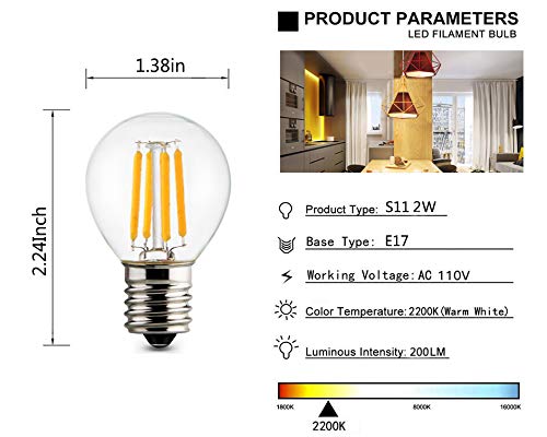 MaoTopCom 6-Pack S11 LED Bulbs E17 Edison Globe Light Bulbs, 20 Watt Equivalent, E17 Intermediate Base, 2200K Warm White 2W Mini S11 Replacement Bulb Bedside Lamp Bulb, Dimmable, 120V