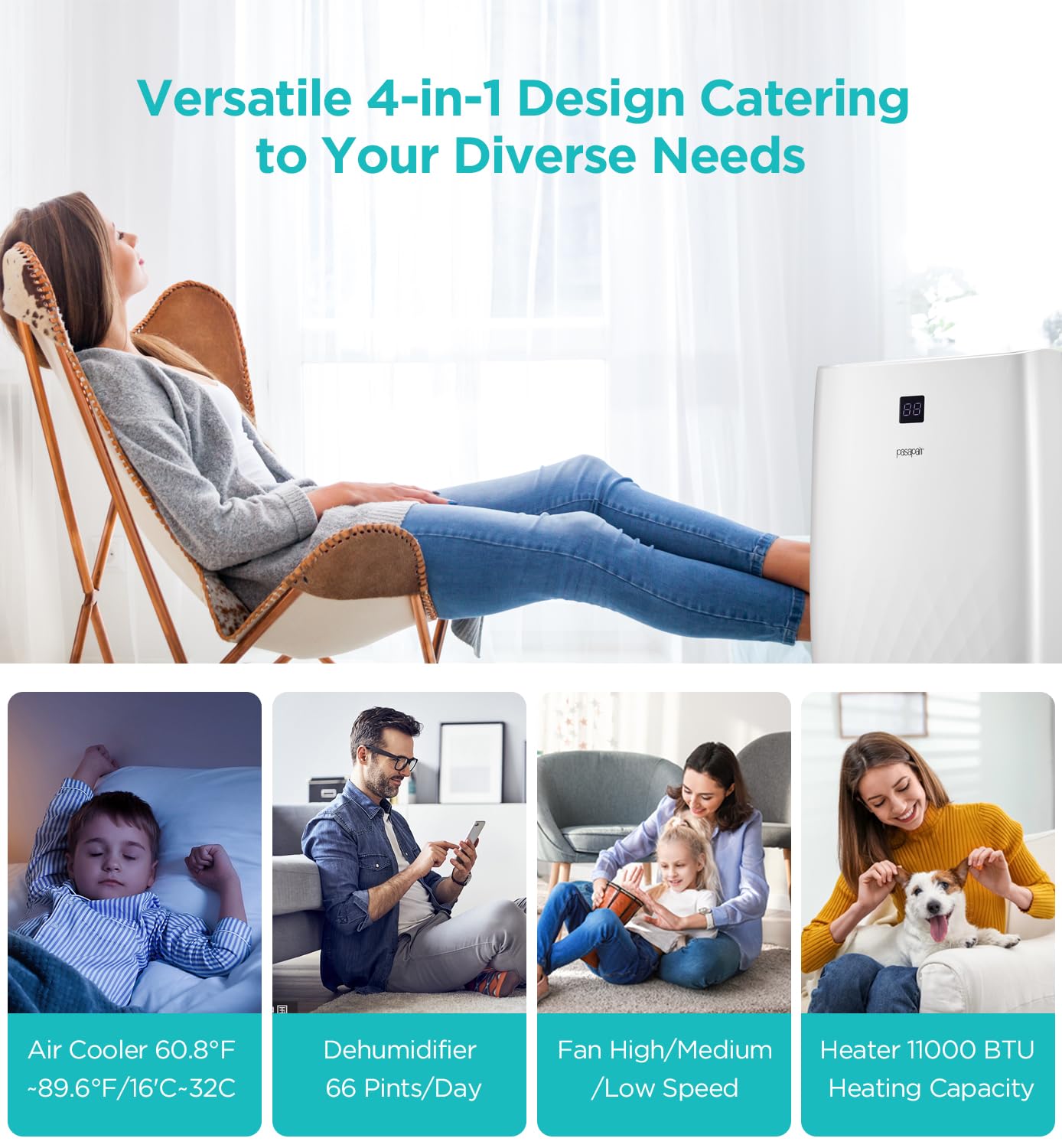 Voice-Enabled Portable Air Conditioner – Pasapair 14000 BTU Portable AC for Room with APP - 4-in1 AC Unit with Auto Swing & Window Kit included