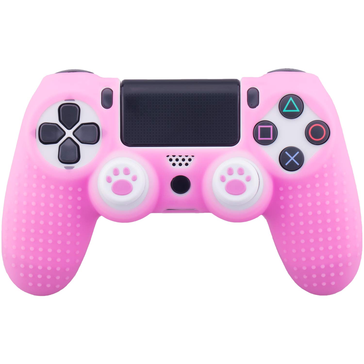 MXRC Silicone Rubber Cover Skin Case x 1 Anti-Slip Studded Dots Customize for PS4/SLIM/PRO Controller x 1(Pink) + Cat Paw Thumb Grips x 2