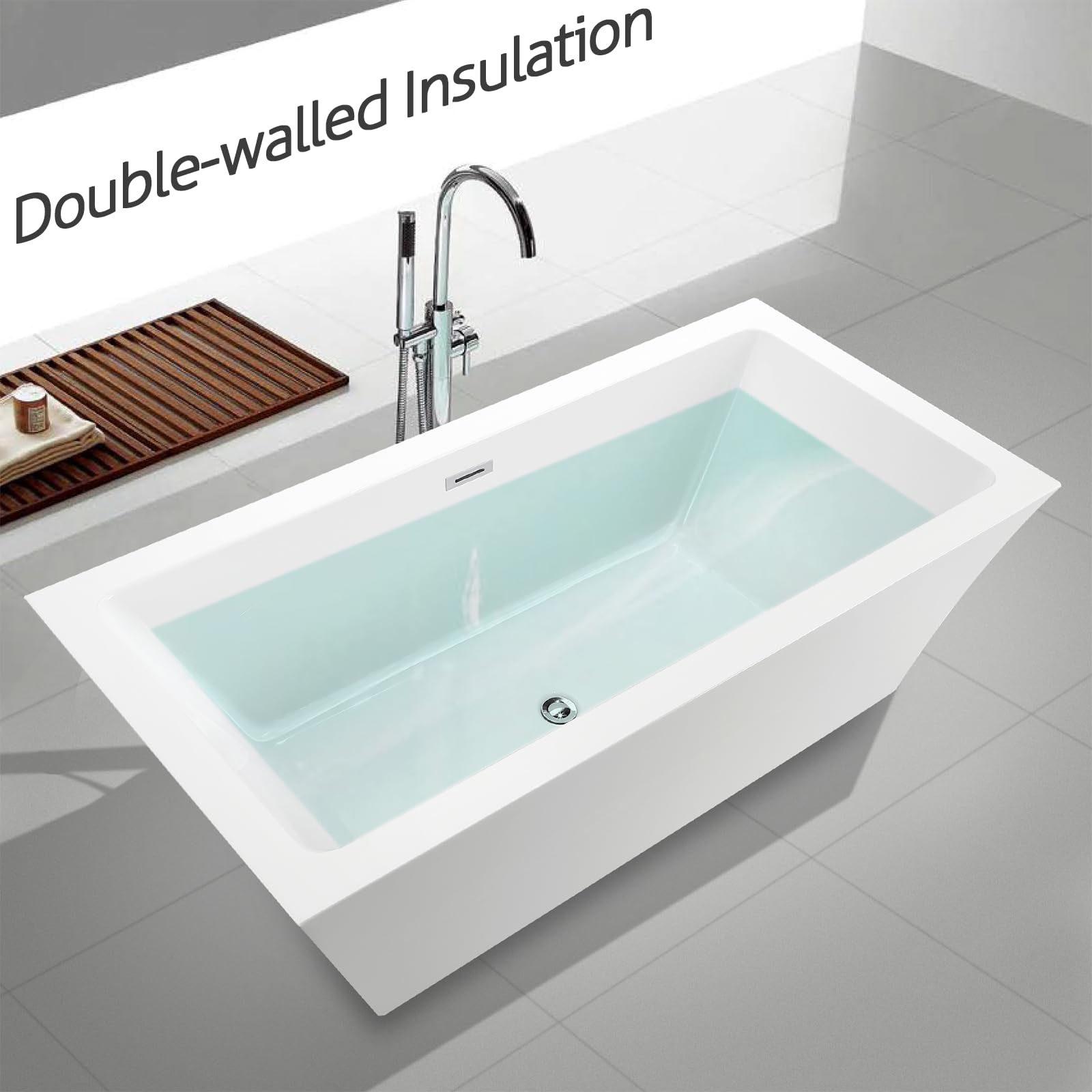 Vanity Art 59" X 30" Freestanding Bathtub | Home Improvement Bathtubs with Contemporary Design for Soaking and Bathing, Overflow and Pop-up Drain with UPC Certified, Acrylic, VA6817-S