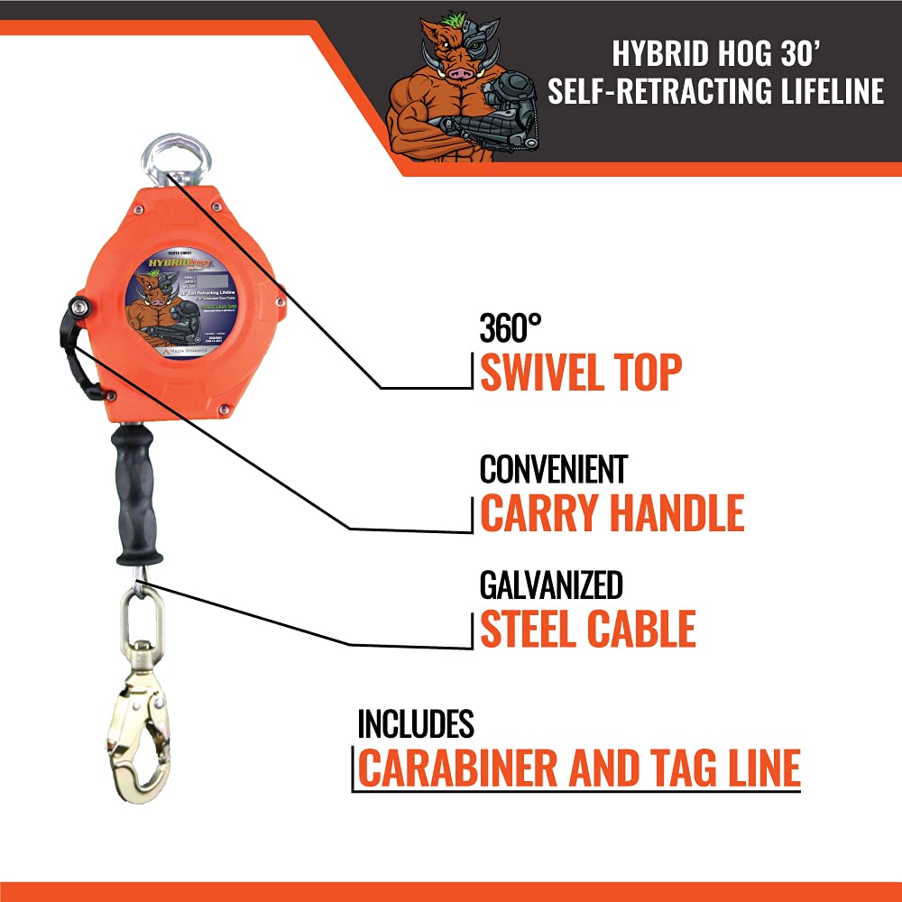 Malta Dynamics Hybrid Hog Self Retracting Lifeline 30' Class A & B, Quick-Action Braking System, YoYo Cable, Fall Protection Retractable Safety Lanyard - OSHA/ANSI Compliant Orange & Black