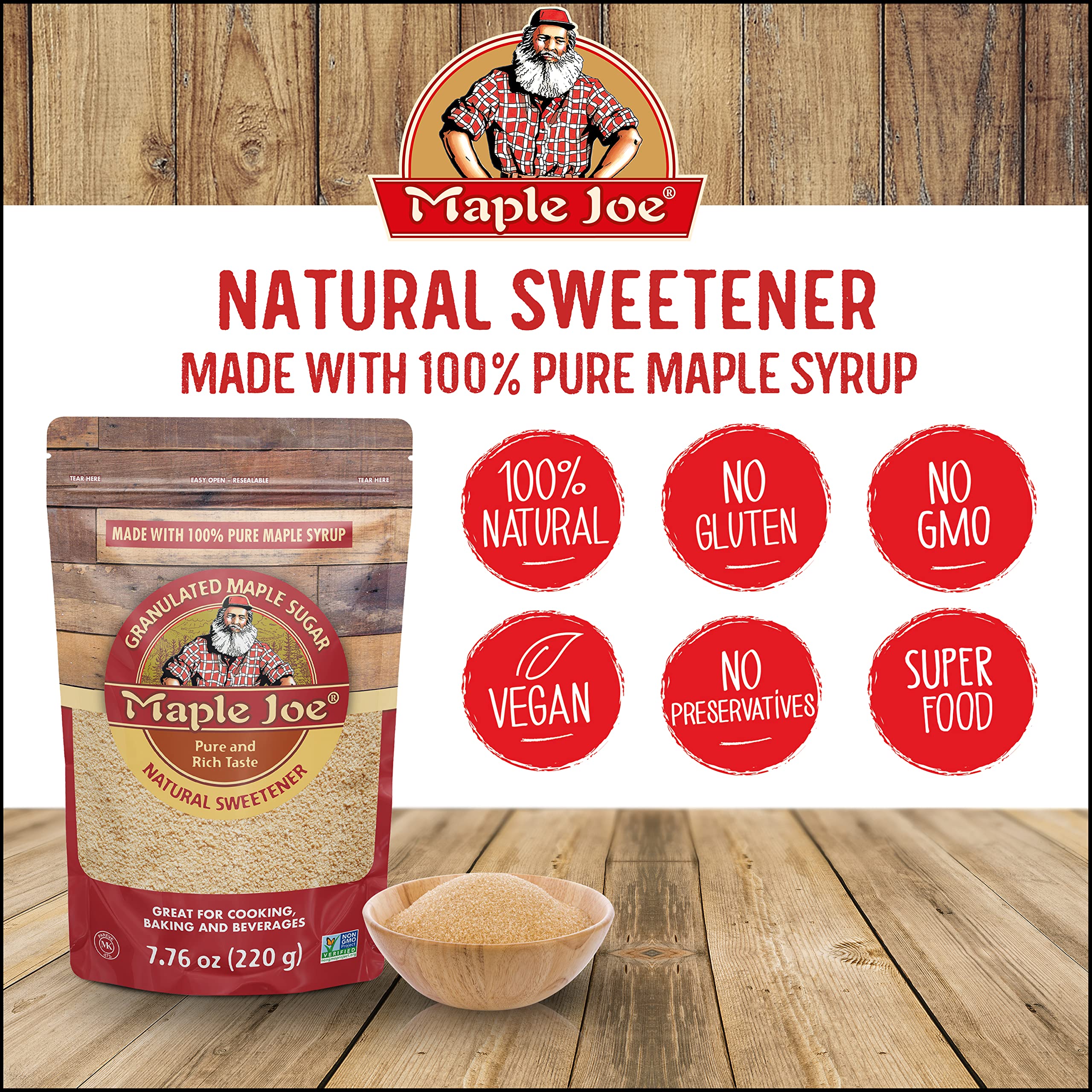 Maple Joe Pure Maple Sugar Granulated, Made With 100% Grade A Maple Syrup. Powdered Maple Sugar For Cooking & Baking. White Or Brown Sugar Substitute. Fat Free, Non-GMO, Gluten Free & Vegan. 7.8 oz /220g