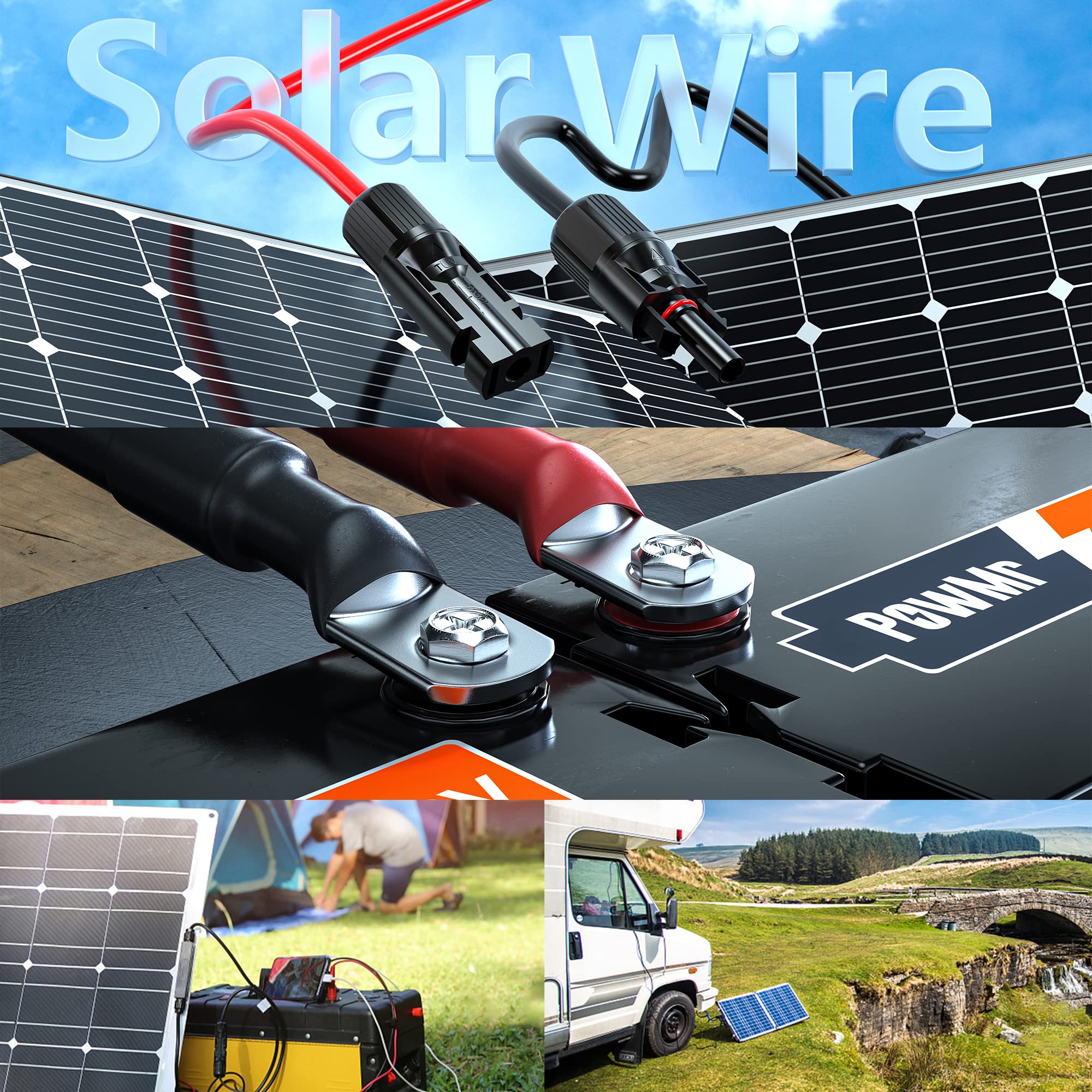 PowMr Solar Panel Wire 98FT Black 10AWG (6mm²) Tinned Copper Wire, PV Wire Solar Extension Cable, Solar Panel Cable for Solar Panel Automotive RV Boat Marine Outdoor,10AWG 98Ft Black