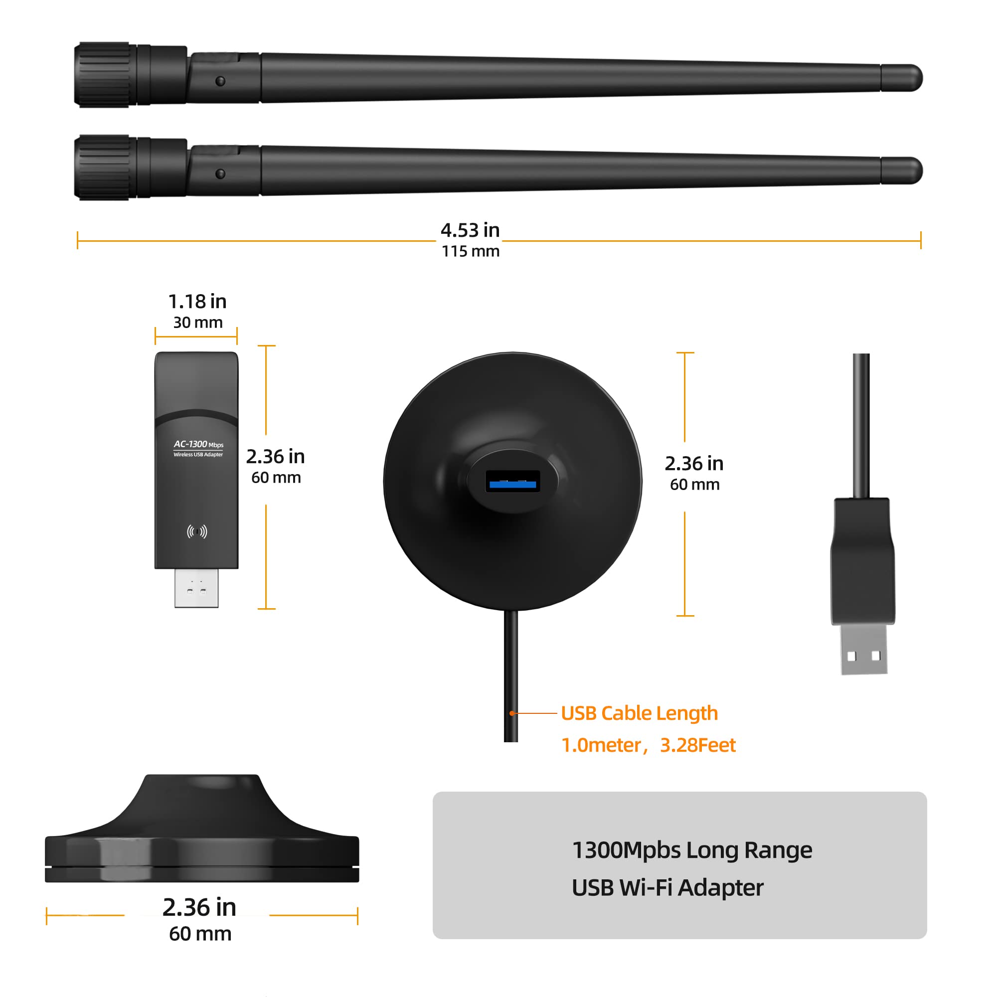 Zoolan 1300Mbps Long Range USB WiFi Adapter for PC: Desktop Laptop of Windows 11/10/8.1/8/7, USB Wireless Adapter Dual Band 2.4GHz 400Mbps + 5.8GHz 867Mbps, 2X 5dBi High Gain Antennas, USB 3.0 Cradle