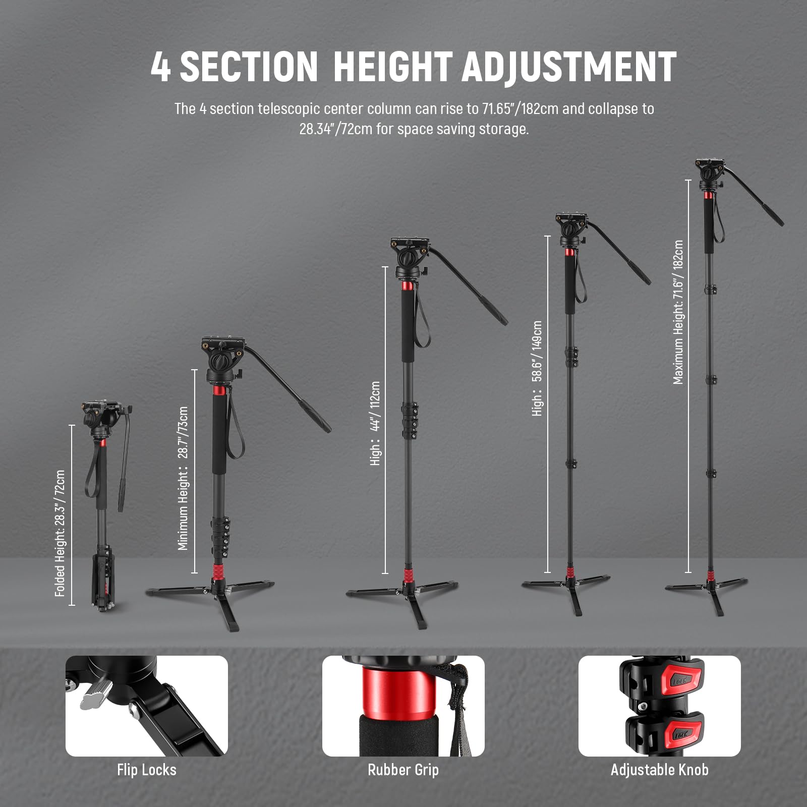 NEEWER 71.6" Pro Camera Monopod with Feet, Carbon Fiber Telescopic Video Monopod with QR Plate Compatible with DJI RS Gimbals Manfrotto, Removable Base for Camera Camcorder, Max Load 13.2lb/6Kg, TP71