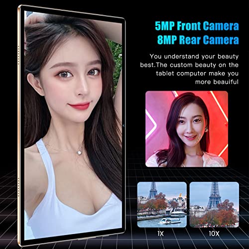 VINGVO 10 Inch Tablet, Octa Core Processor Portable Tablet 100-240V 10 Inch IPS Screen 5G WiFi Dual Band for Home for Travel (Gold)