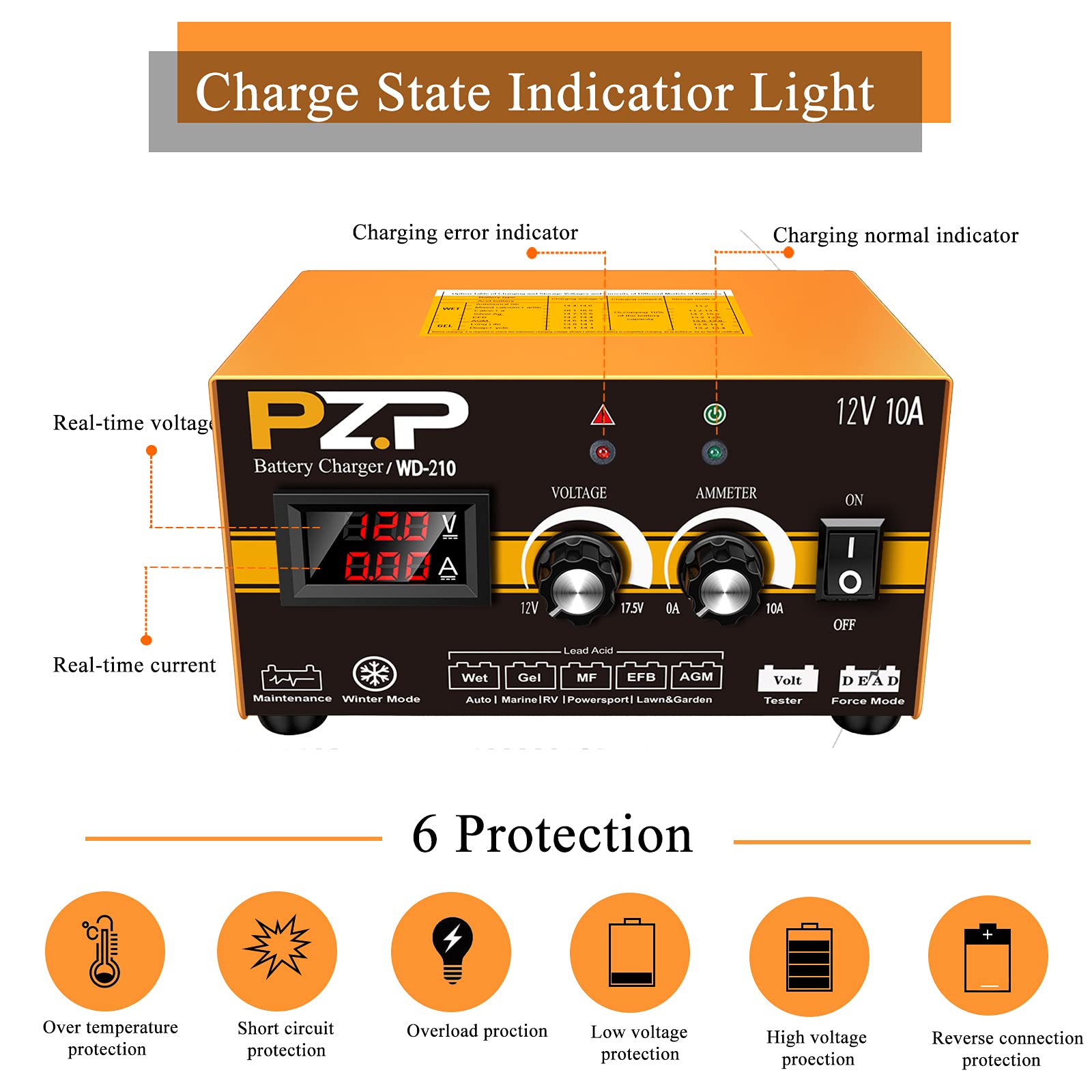 PZP 12V Manual Battery Charger Maintainer, 0 to 10A Arbitrarily Adjustable Car Battery Trickle Charger, Battery Desulfator with Repair, Winter Mode, Suitable for Lawn Mower, AGM, Deep Cycle Batteries