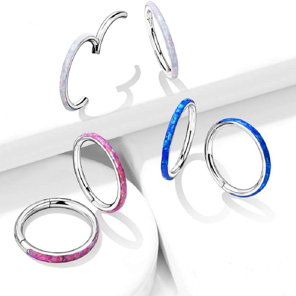 Pierced Owl 16GA G23 Implant Grade Titanium Synthetic Opal Lined Outer Hoop Cartilage Helix Conch Hinged Segment Ring (White, 8mm Diameter)