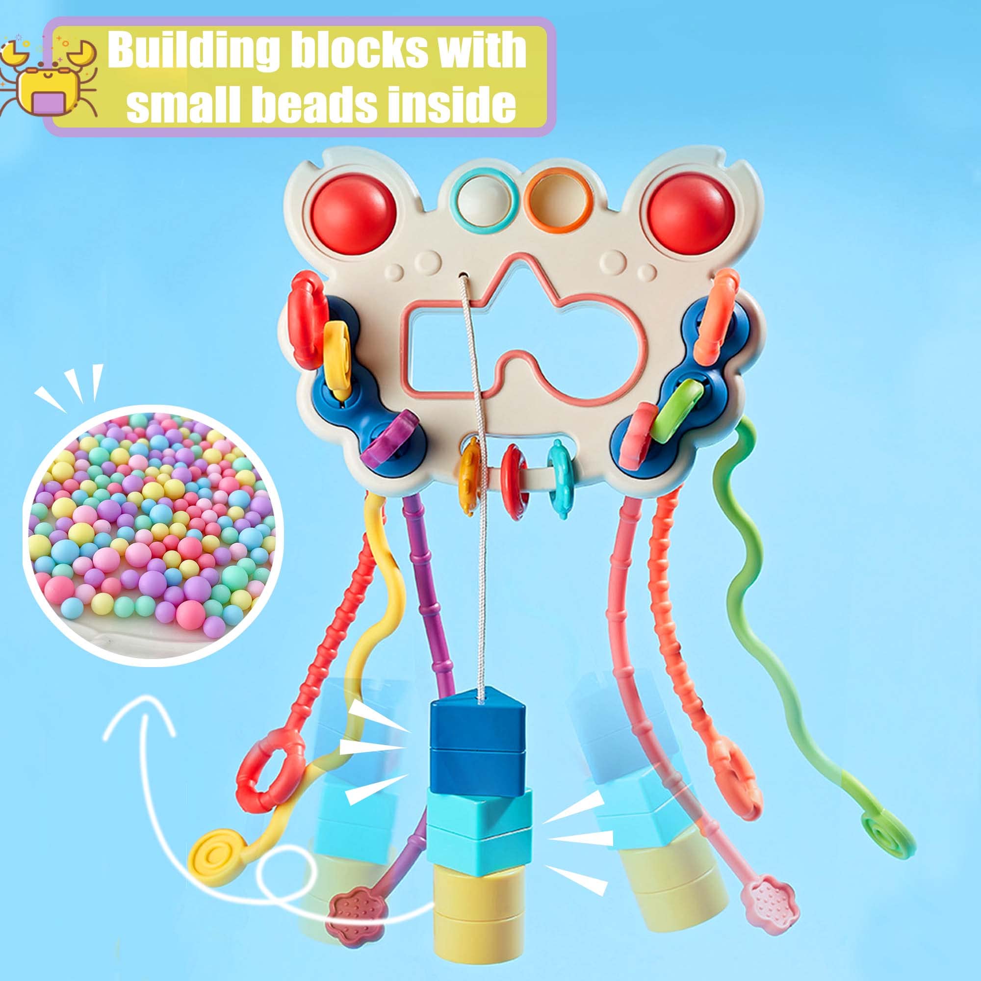 Silicone Pull String Interactive Toy, New 5-in-1 Montessori Baby Toy, Threading Blocks with Sound Added,Toys for Boys/Girls/Toddlers/Baby Age 18 M+