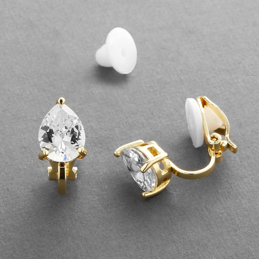 Mariell Gold Cubic Zirconia Clip-On Earrings, Pear Shape CZ Crystal, 2 Carat Imitation Diamond Earring