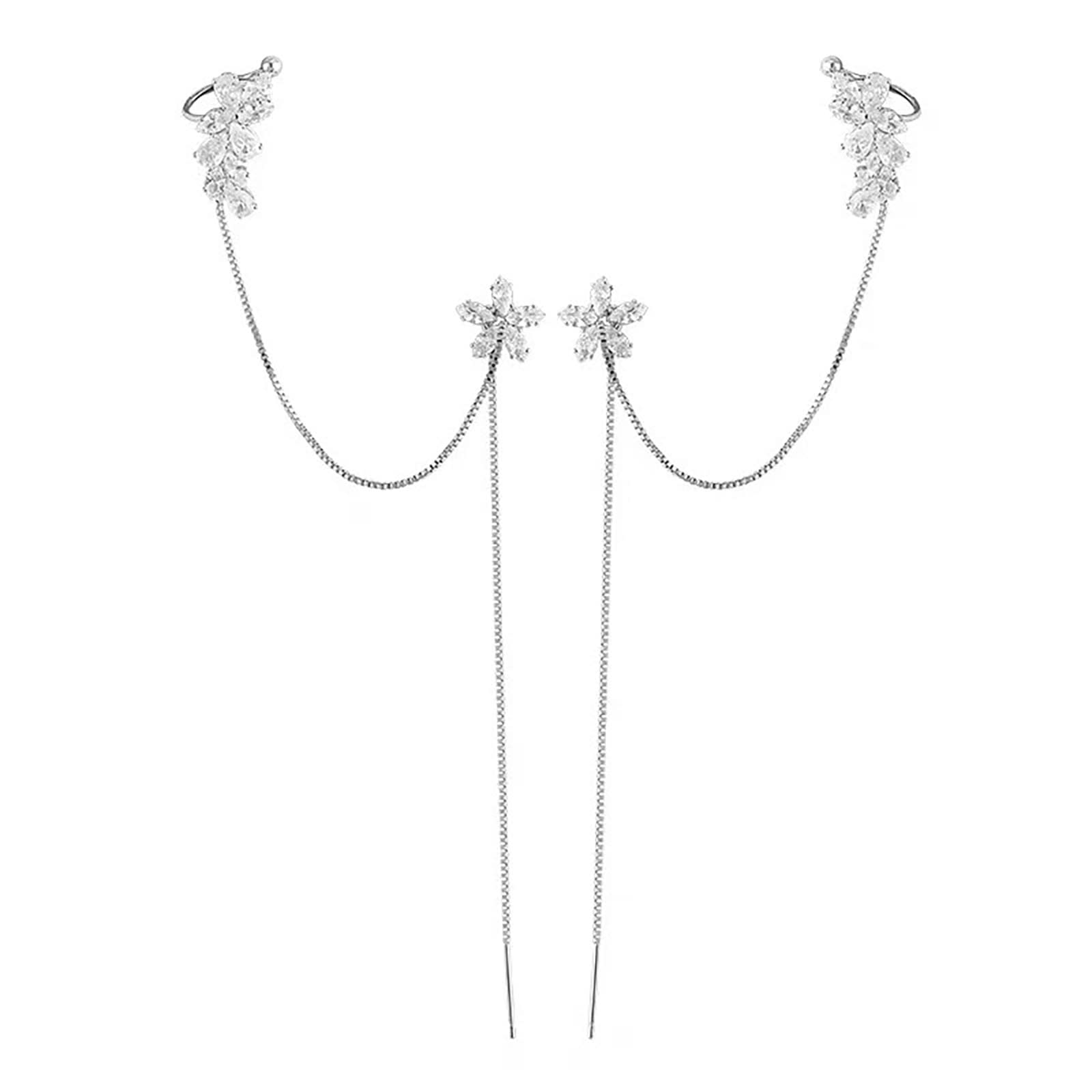 MaraLota Ear Cuffs 925 Silver Dangle Earrings for Women chain threader hanging earrings long tassel drop earrings for women Girls(FLOWER）
