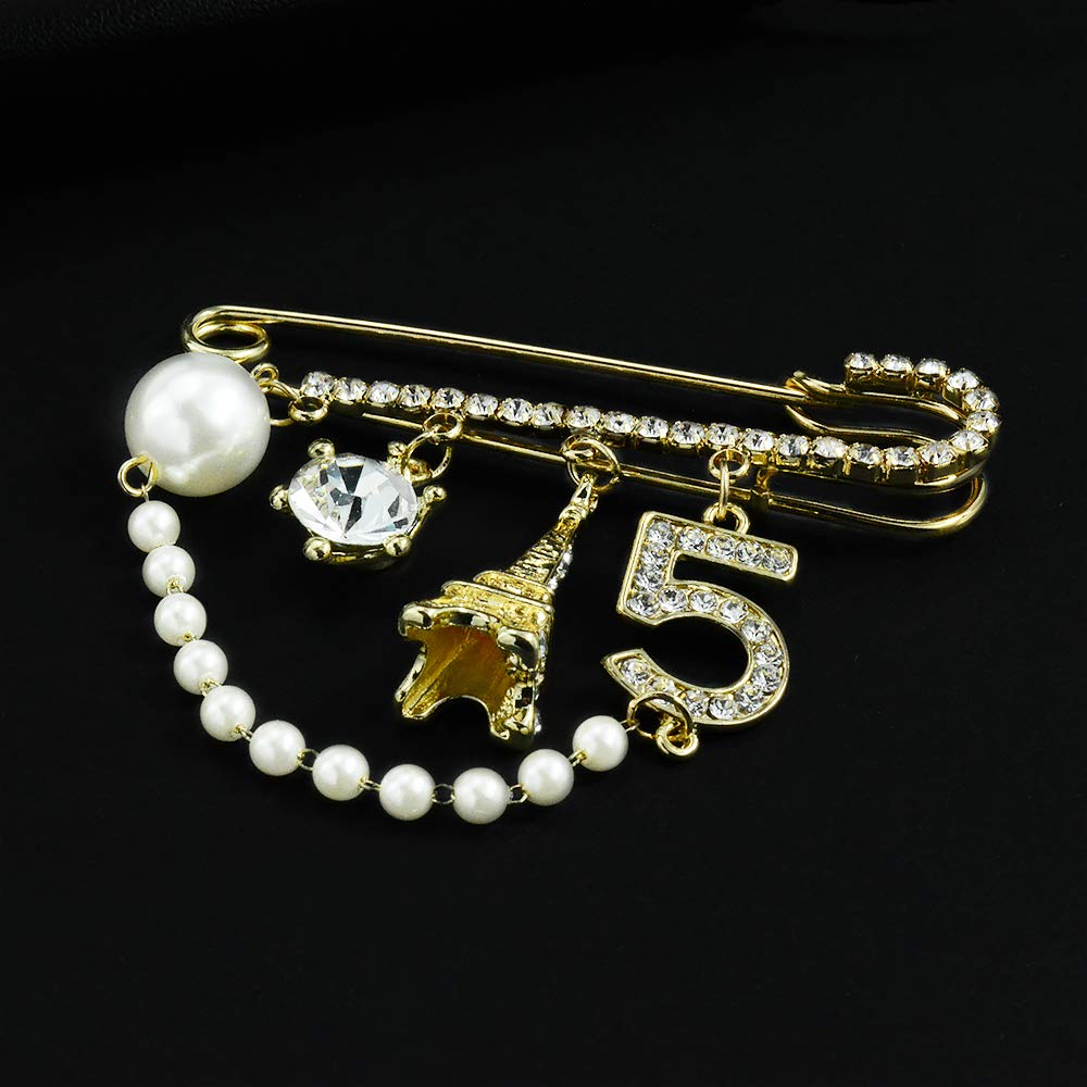Mamfous Vintage Crown Number 5 Lapel Pins and Brooches for Women Rhinestone Jewelry with Simulated Pearl