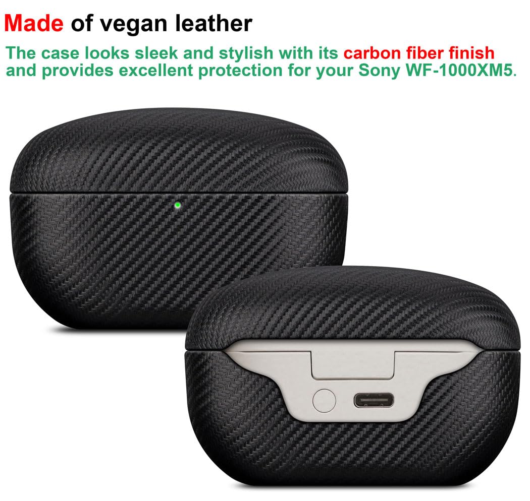 LOPIE Case Compatible with Sony WF-1000XM5, Carbon Fiber Style Vegan Leather Case Designed for Earbuds WF1000XM5 Case Cover 2023, Protective Hard Cover for Men/Women - Black