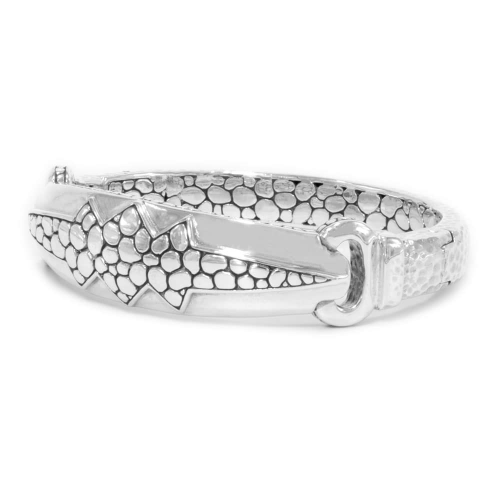 SARDA - .925 Sterling Silver Watermark Pattern & Hammered Finish Zig Zag Star Hinged Buckle Bangle Bracelet - Handmade by Bali Artisans - 6-3/4"