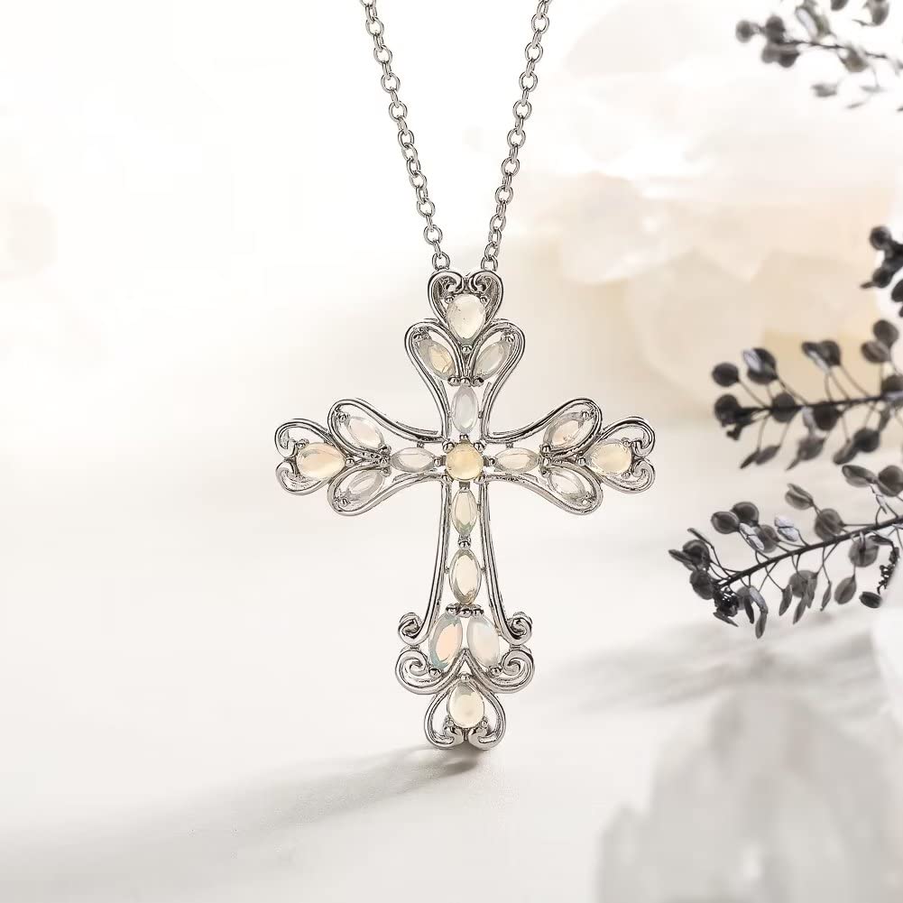 supermodel 925 Sterling Silver Cross 2 Cttw Opal Necklace for Women