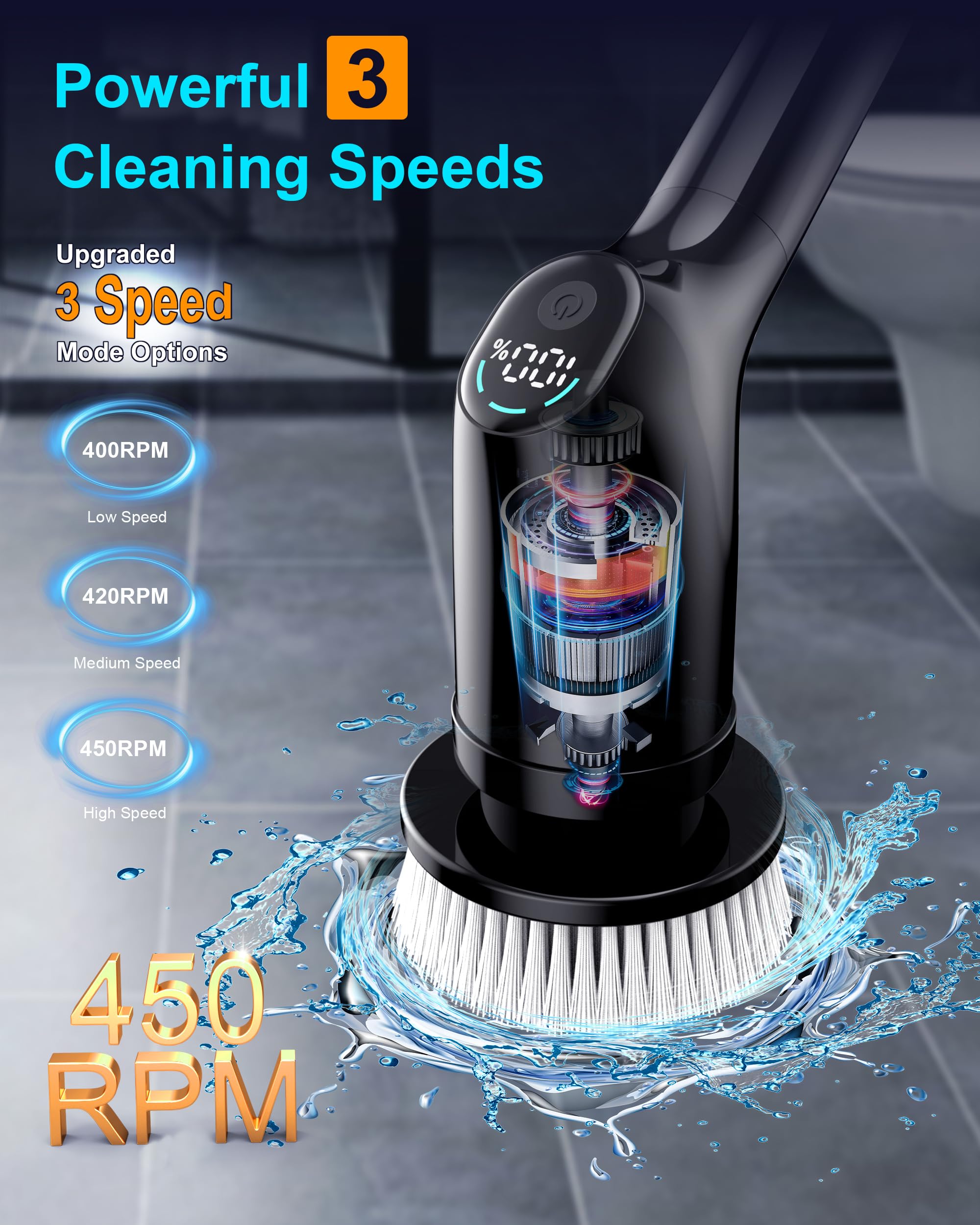 Yonlog Electric Spin Scrubber, FRIWOLE Upgraded Cordless Cleaning Brush with LED Display, 3 Speeds, 8 Replaceable Brush Heads, Adjustable & Detachable Handle, 450 RPM, for Bathtub, Tile, Floor, Black