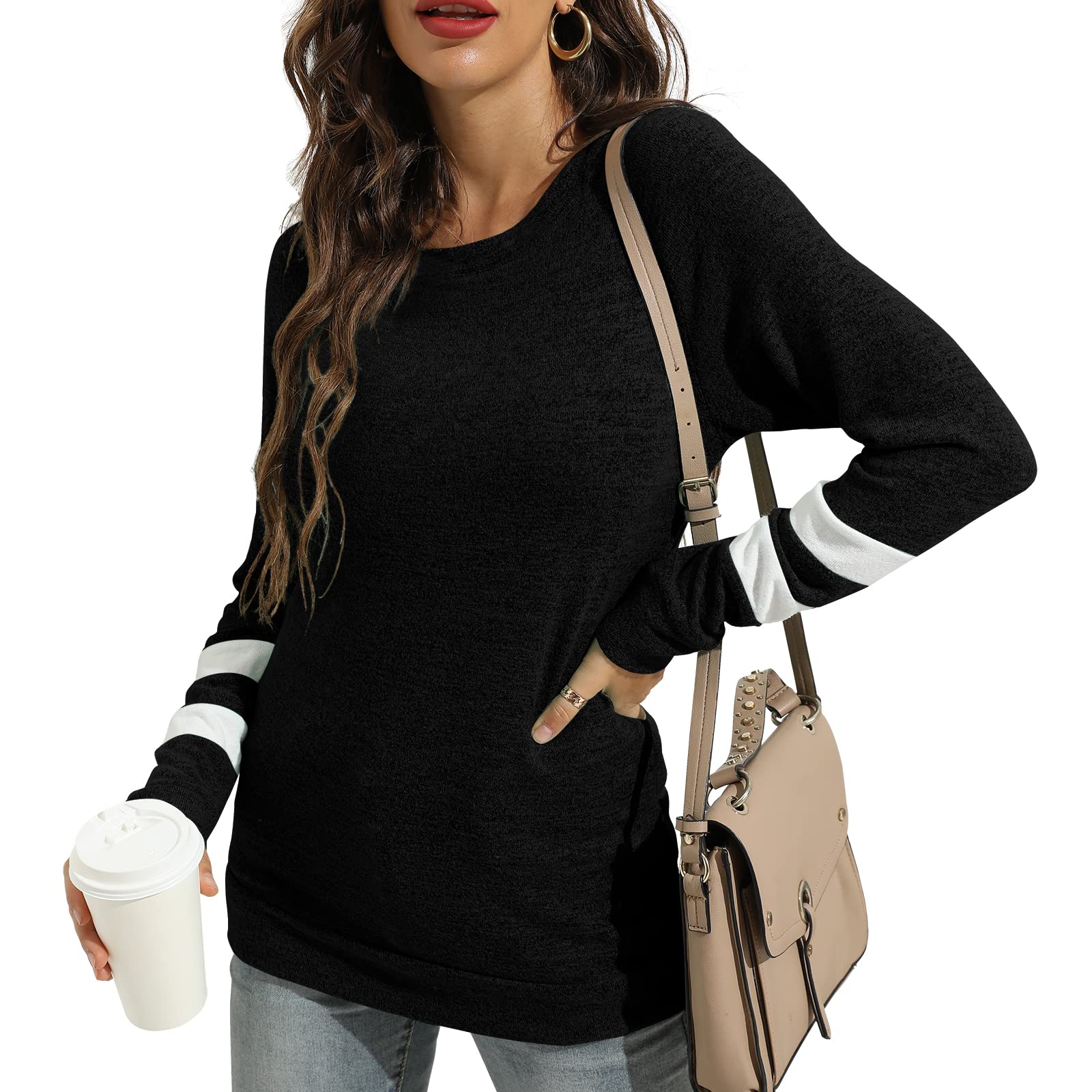Qcyuui Womens Color Block Sweatshirts Crewneck Sweaters Long Sleeve Shirts Fleece Tunic Tops(Black,Medium)