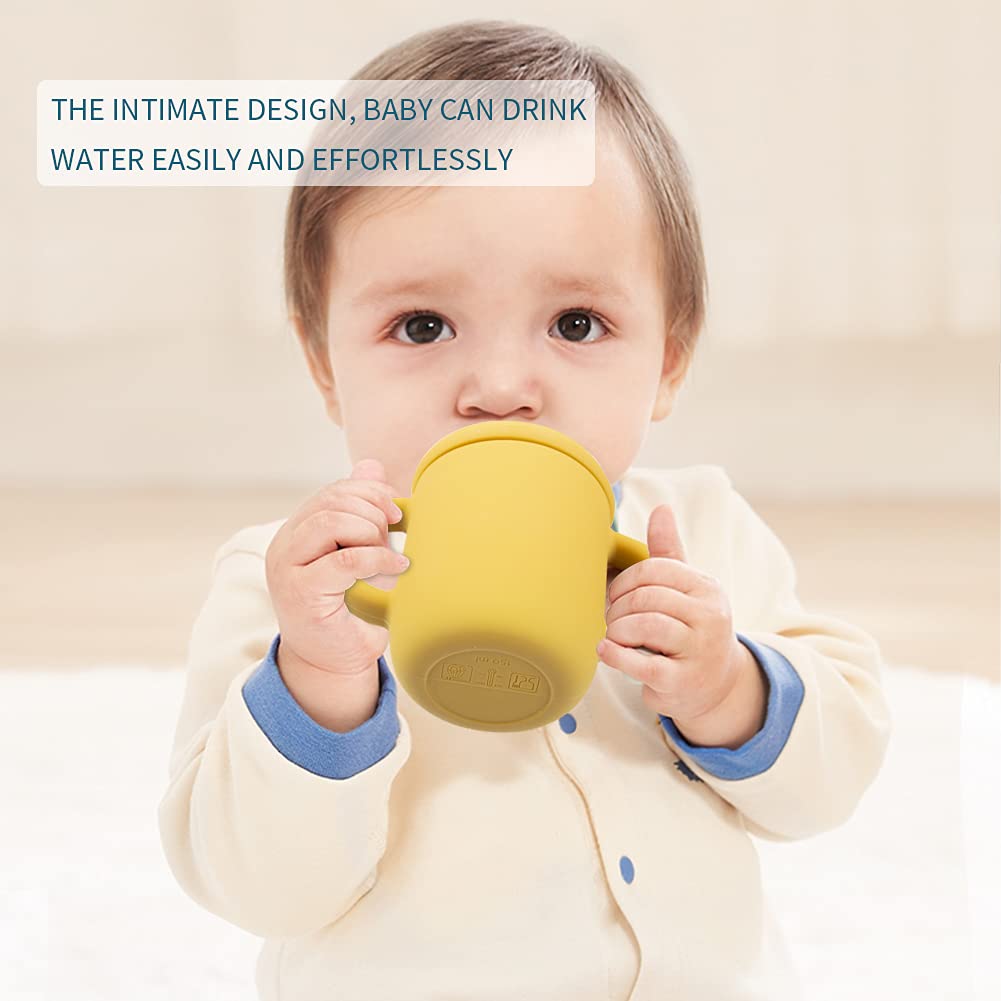 Toddler Cup, Silicone Training Cup Sippy Cup with Straw, Spill Proof and Non-Slip Handles, NO BPA, Unbreakable, Trainer Cup for Babies Toddlers and Infants, 2 Count, 5 oz, Grey Blue, Peach Pink