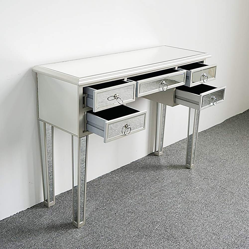 MTFY Mirrored Console Table,Mirrored Makeup Vanity Table Desk, 5 Drawer Media Console Table for Women Home Office Writing Desk Smooth Finish with Ring Knobs (5 Drawer,Silver)