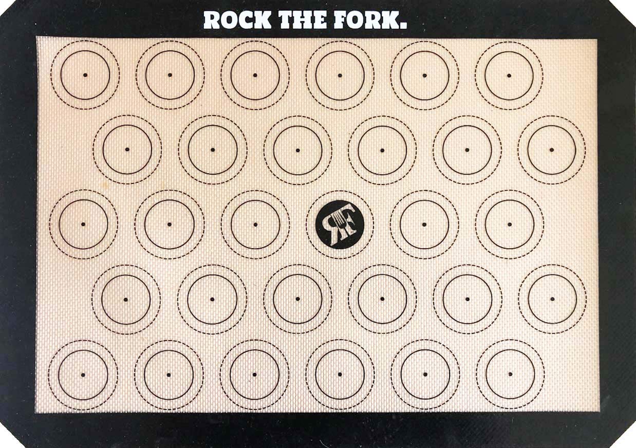 Rock the Fork Macaron Mats (Premium 2-pack) NonStick Silicone Macaron Sheets. Macaron Silicone Baking Mats are designed for style & function by Chefs for Chefs. 11 5/8 x 16 1/2 Inch