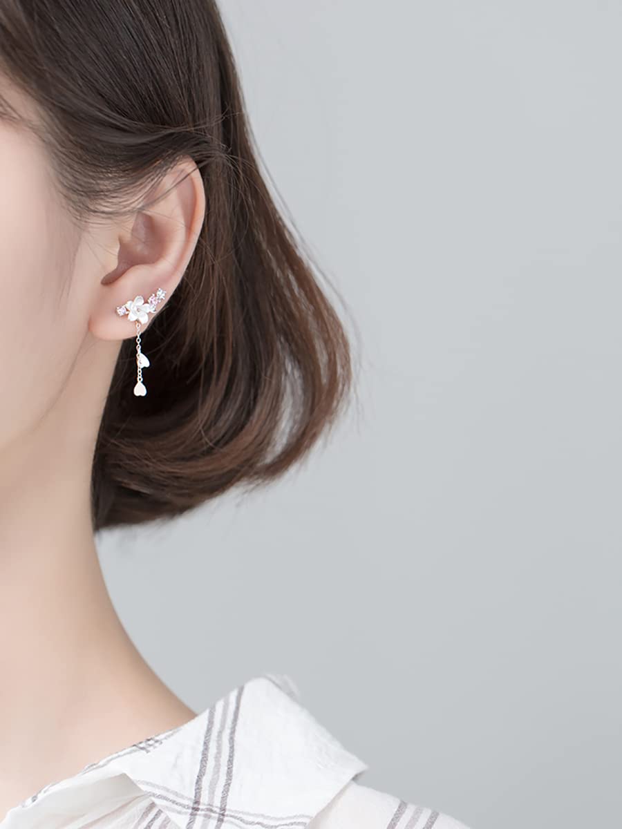 Reffeer Solid 925 Sterling Silver CZ Flower Crawler Earrings Wrap for Women Teens Dainty Flower Climber Earrings Cuff Dangle Chain