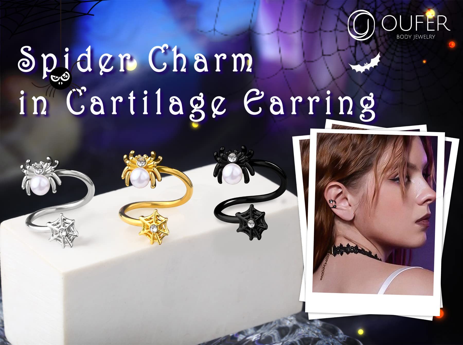 OUFER Twist Helix Earrings, 316L Stainless Steel Spider & Cobweb Elements Helix Piercing Jewelry, 16G Twist Lip Labret type Upper Lobe Earrings-Gold