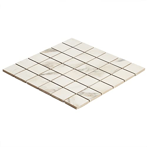 Saroshi Calacatta Rustico 4 in. x 4 in. Matte Porcelain Marble Look Floor and Wall Mosaic Tile Sample