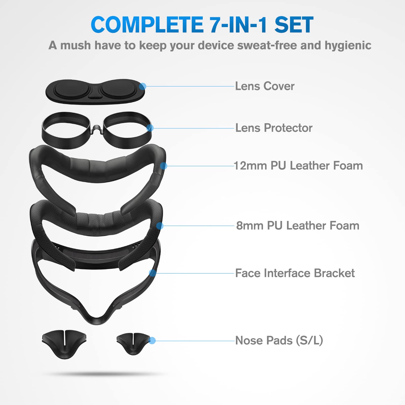 SUPERUS Facial Interface for Oculus/Meta Quest 2 with 2 Customized Face Cushion Foam Pad Replacements, Anti-Light Nose Pad, Lens Protector, and Glasses Spacer Comfort 7-in-1 Accessories Kit (Black)